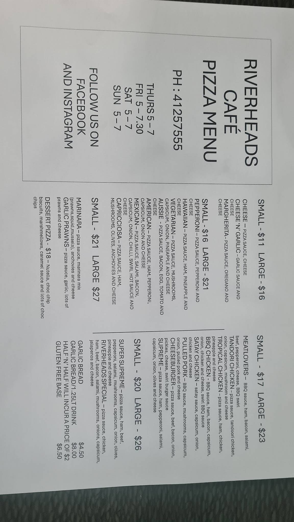 Menu at River Heads Cafe and Take Away, River Heads