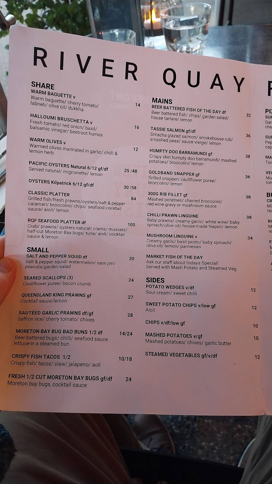 Menu at River Quay Fish restaurant, Brisbane City