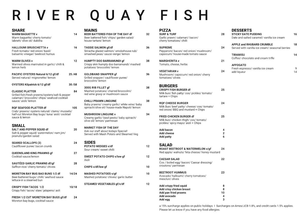 Menu at River Quay Fish restaurant, Brisbane City