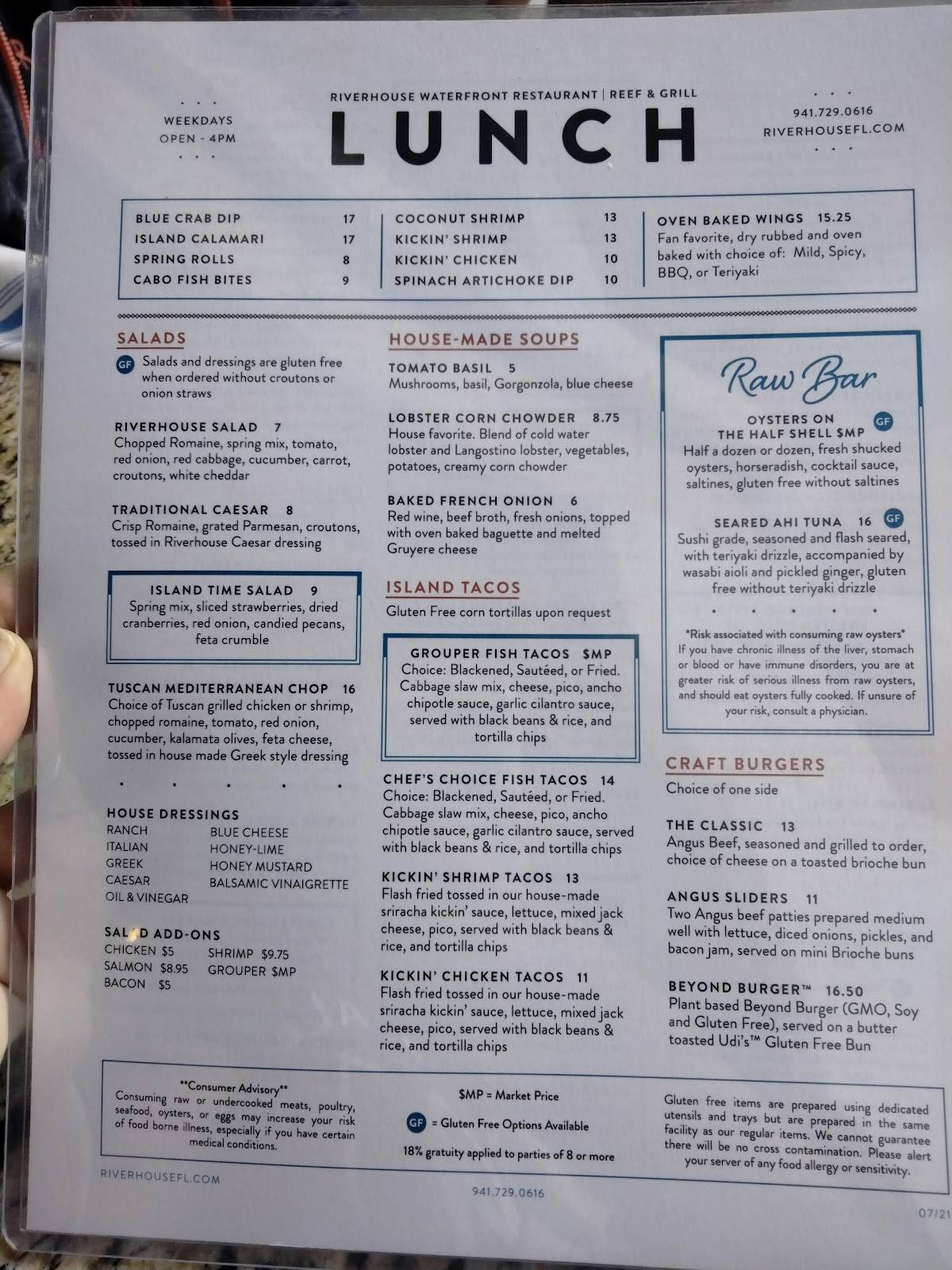 Menu at Riverhouse Waterfront Restaurant, Palmetto