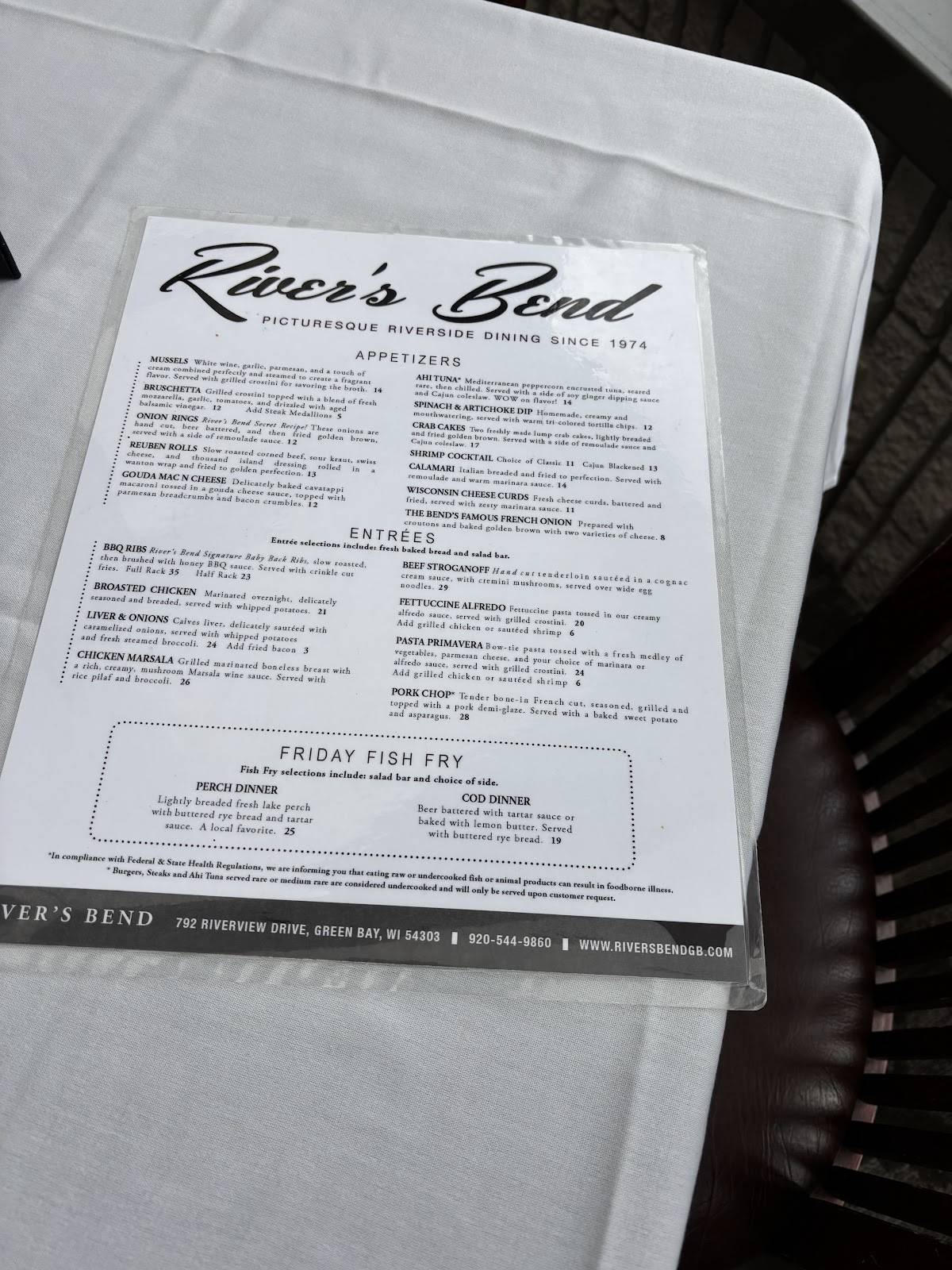 Menu at River's Bend steakhouse, Green Bay