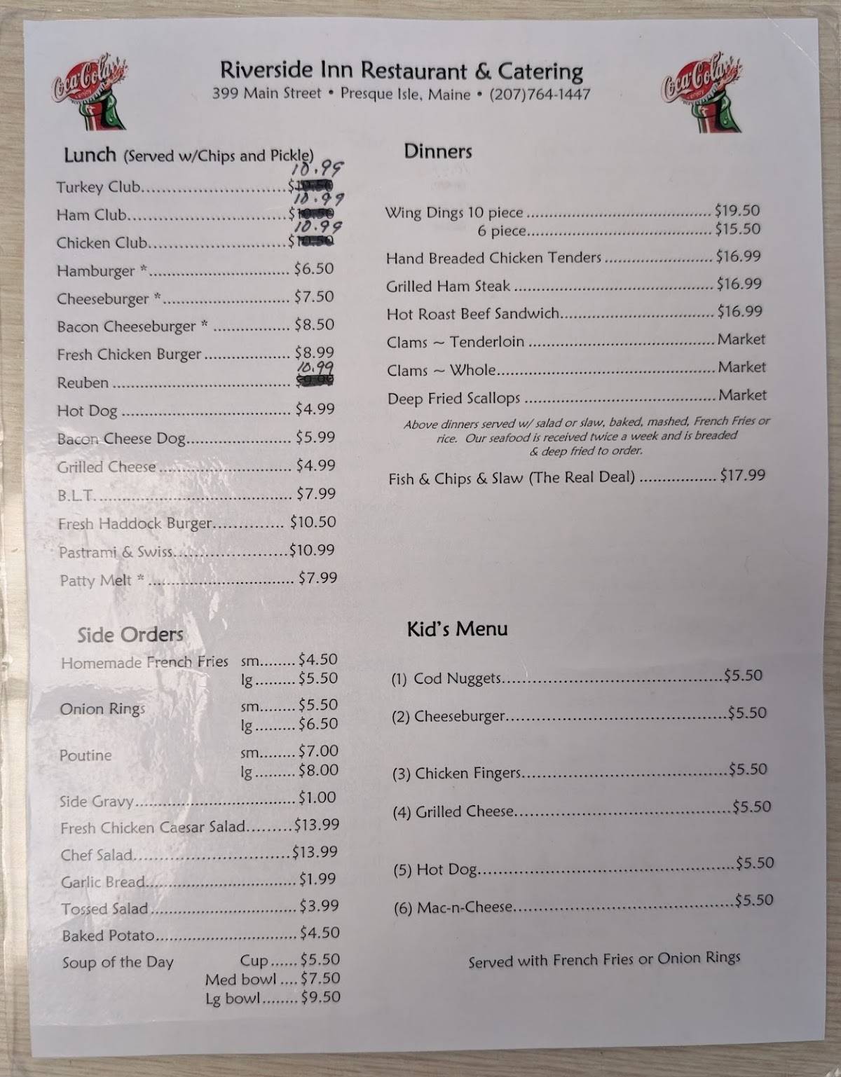 Menu at Riverside Inn Restaurant, Presque Isle