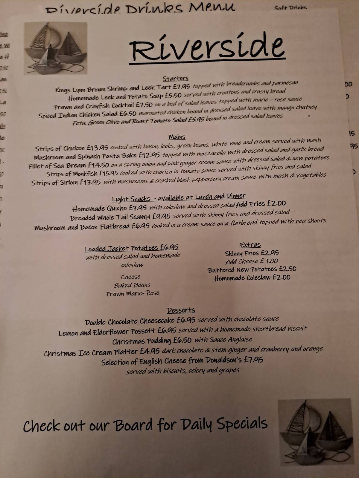 Menu at Riverside restaurant, King's Lynn