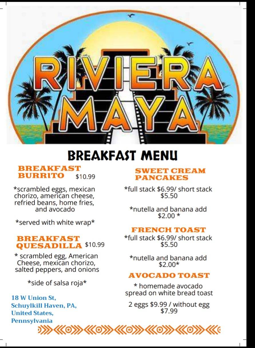 Menu at Riviera maya restaurant, Schuylkill Haven