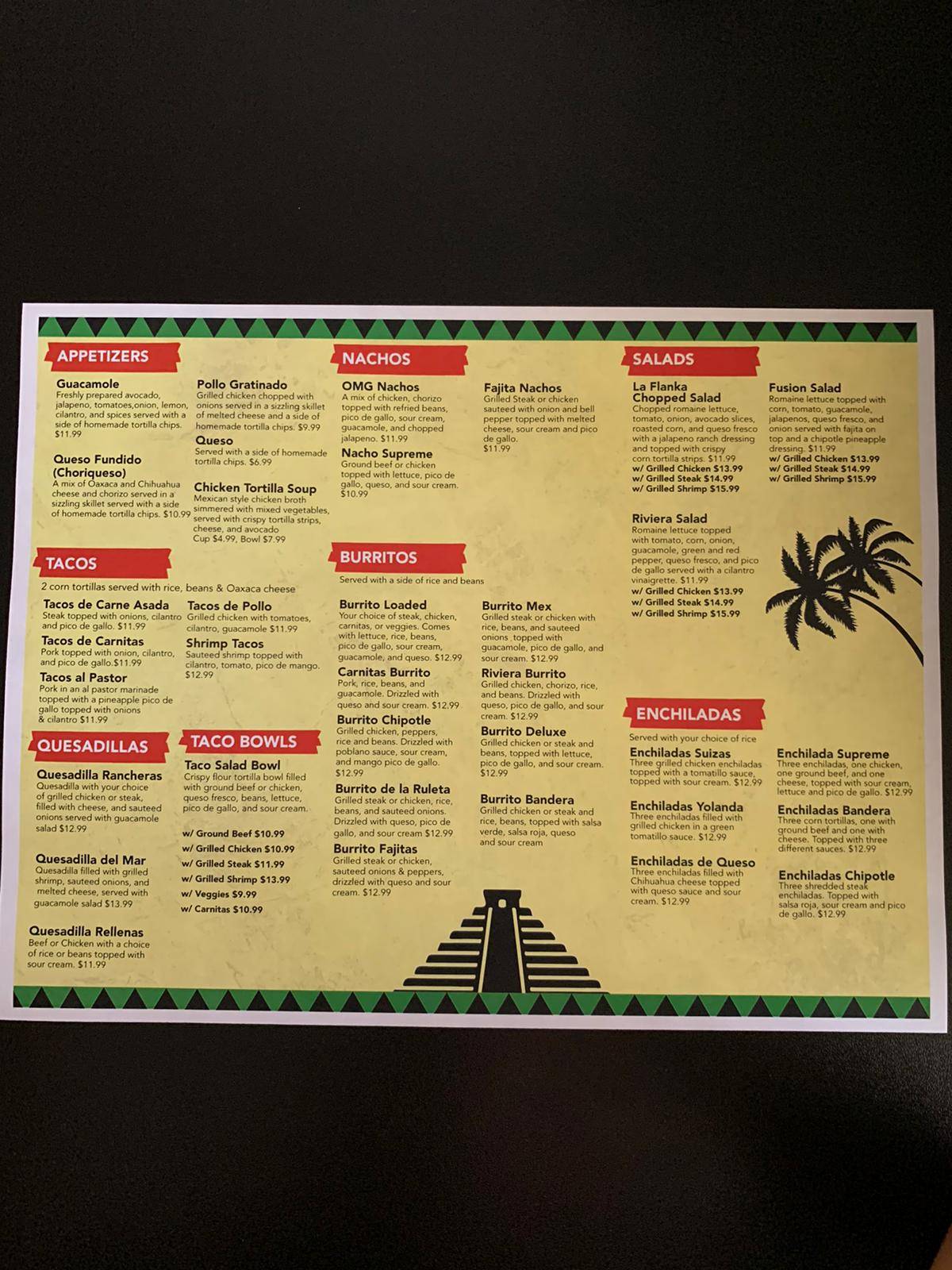 Menu at Riviera maya restaurant, Schuylkill Haven