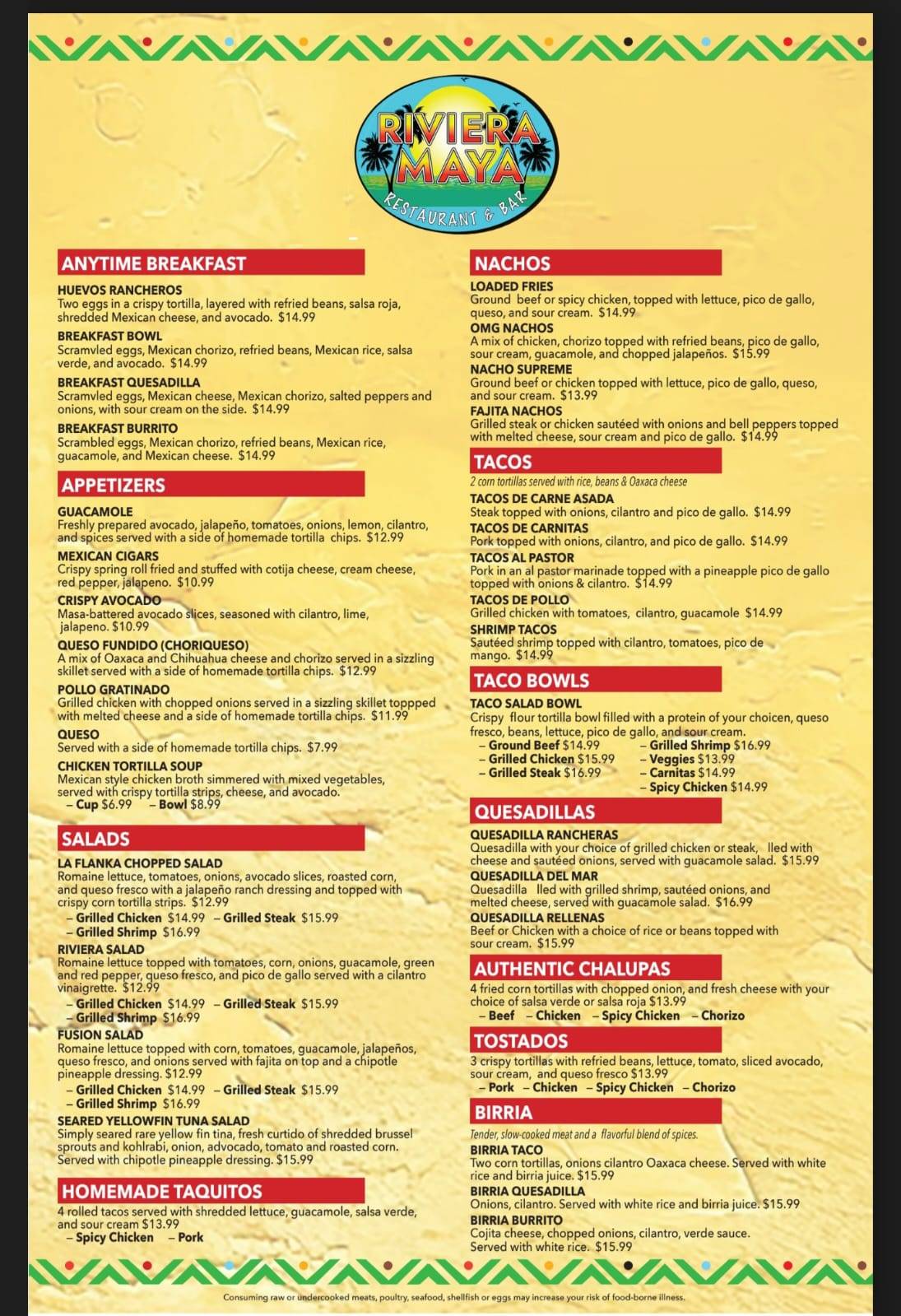 Menu at Riviera maya restaurant, Pottsville, 315 N Centre St