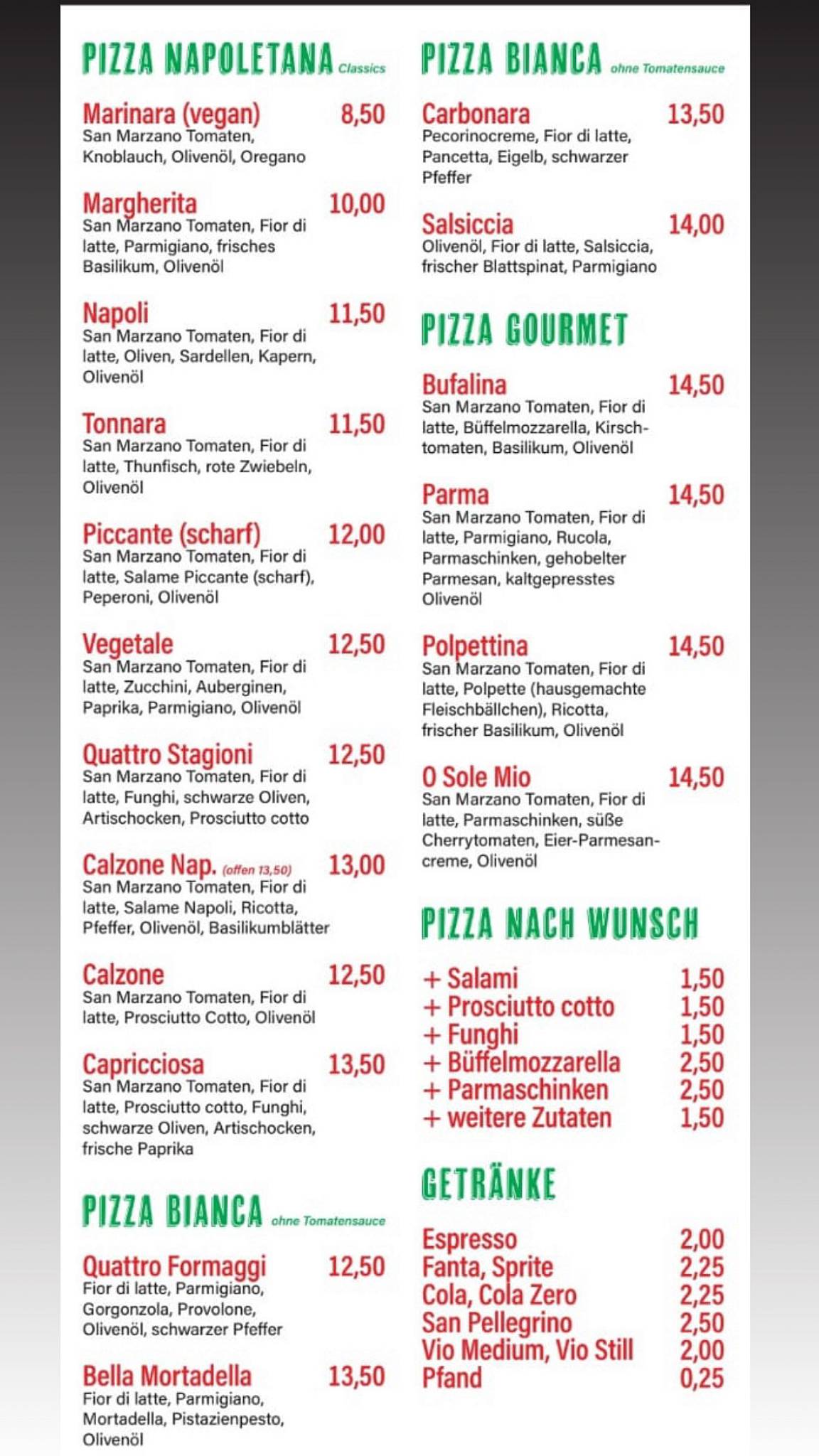 Speisekarte von Rizzo‘s Pizza Napoletana, Lebach
