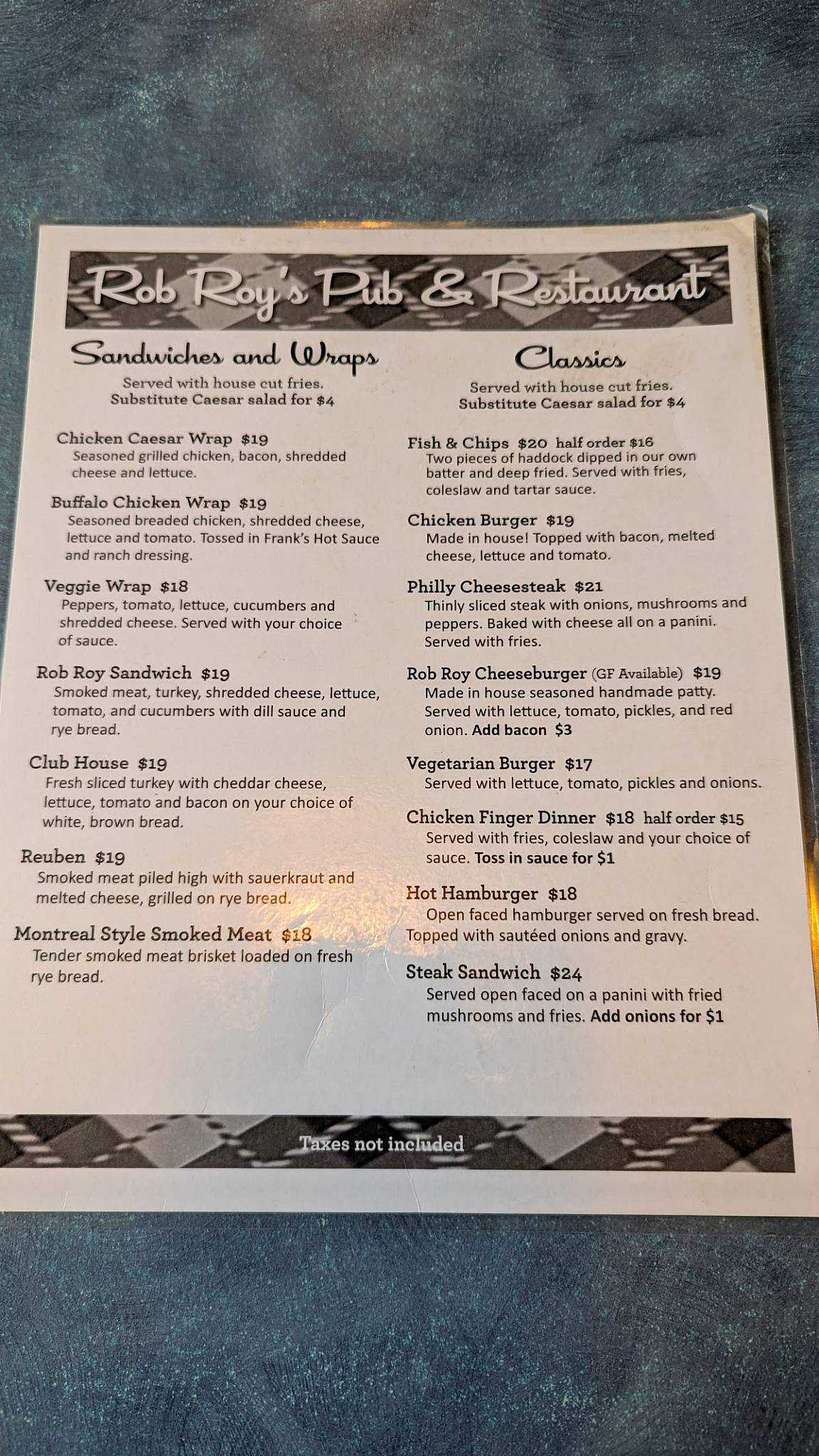 Menu at Rob Roy's Pub & Restaurant, Smiths Falls