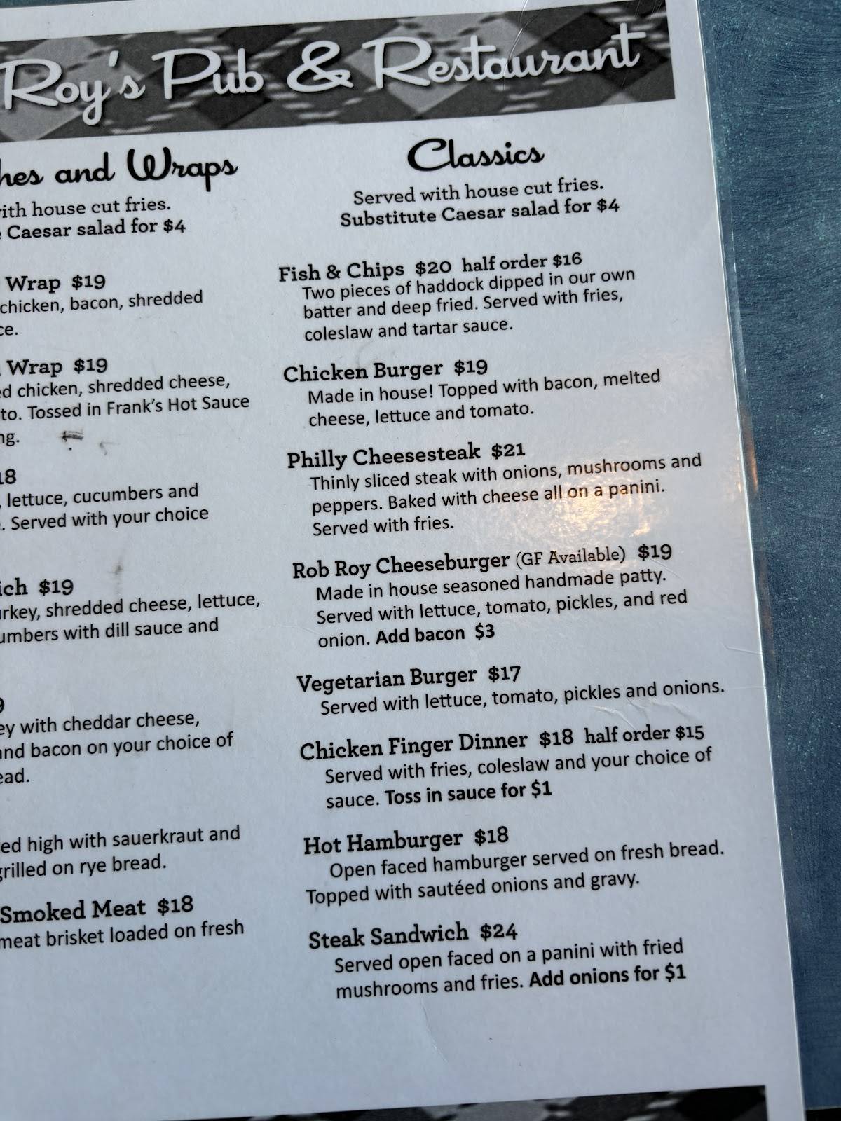 Menu at Rob Roy's Pub & Restaurant, Smiths Falls