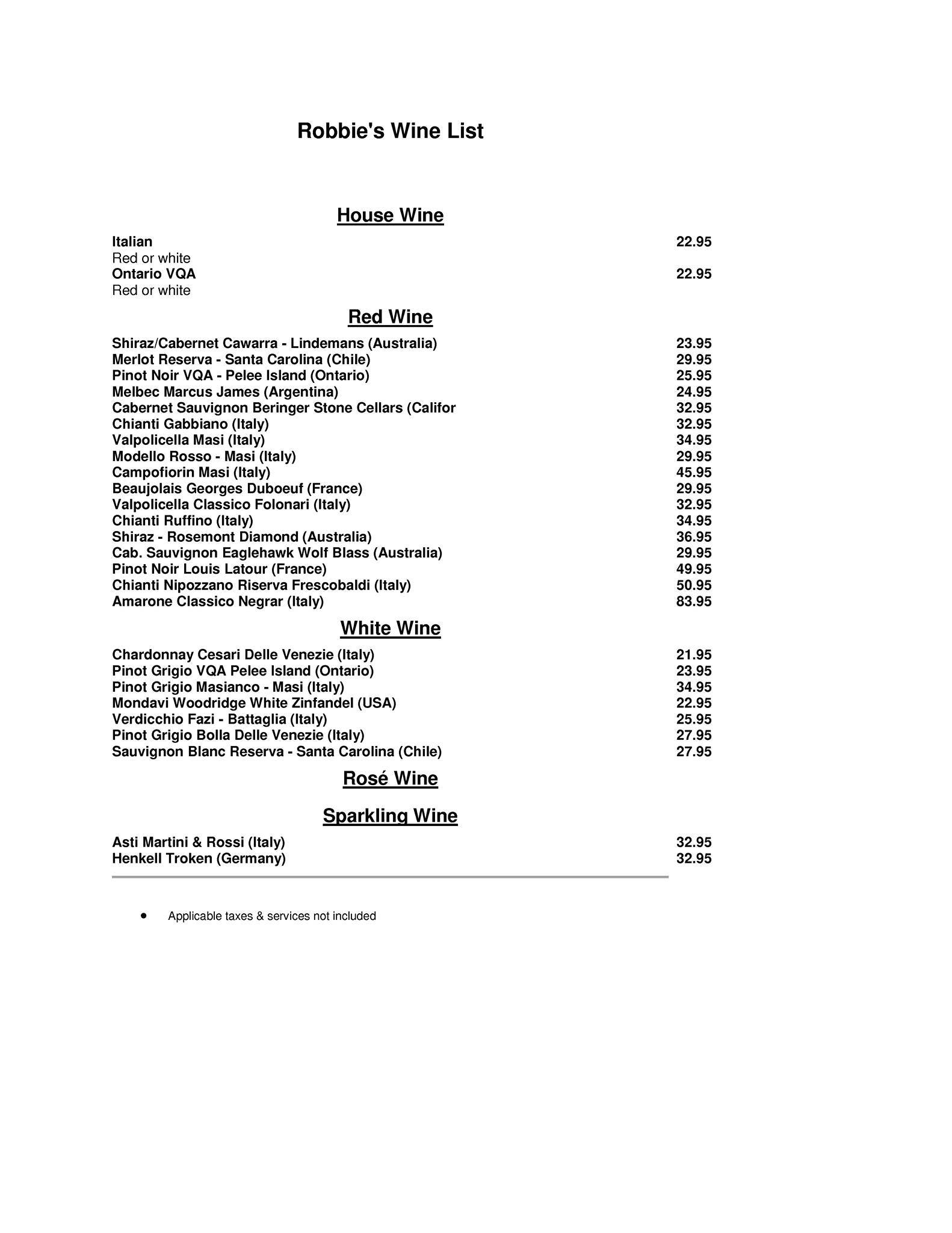 Menu at Robbie's restaurant, Ottawa, St. Laurent Blvd
