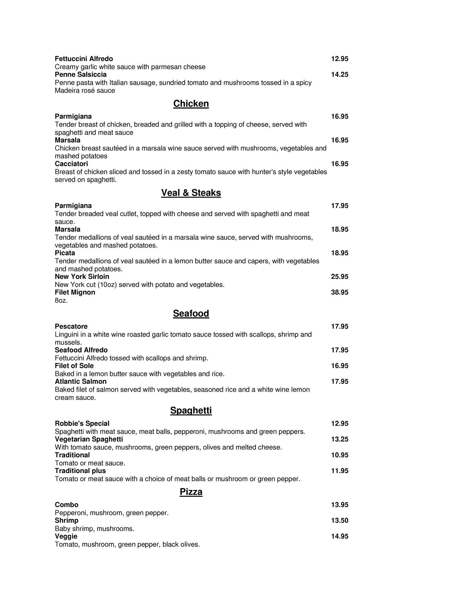 Menu at Robbie's restaurant, Ottawa, St. Laurent Blvd