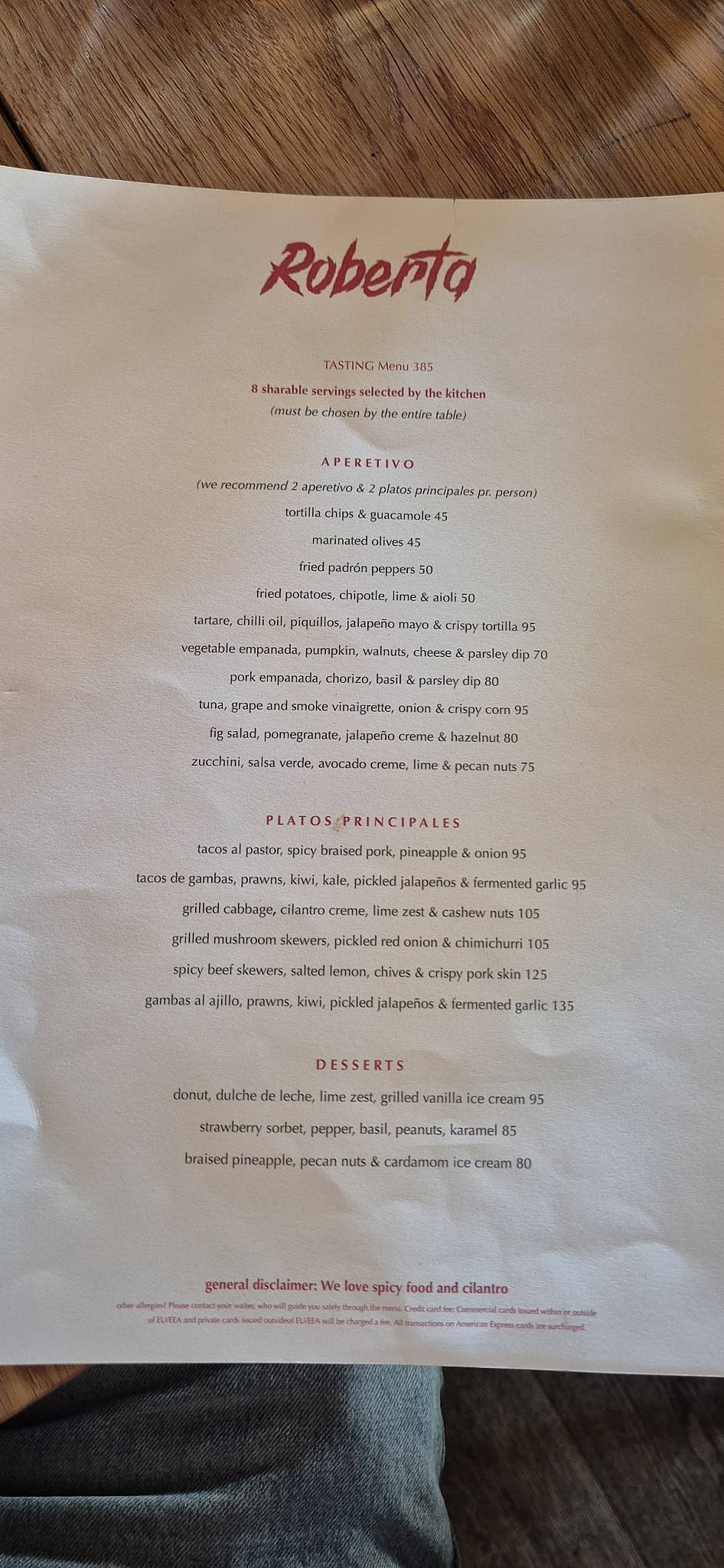 Menu at Roberta restaurant, Copenhagen