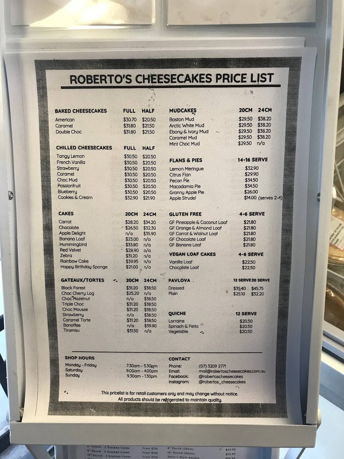 Menu at Roberto's Cheesecakes desserts, Springwood