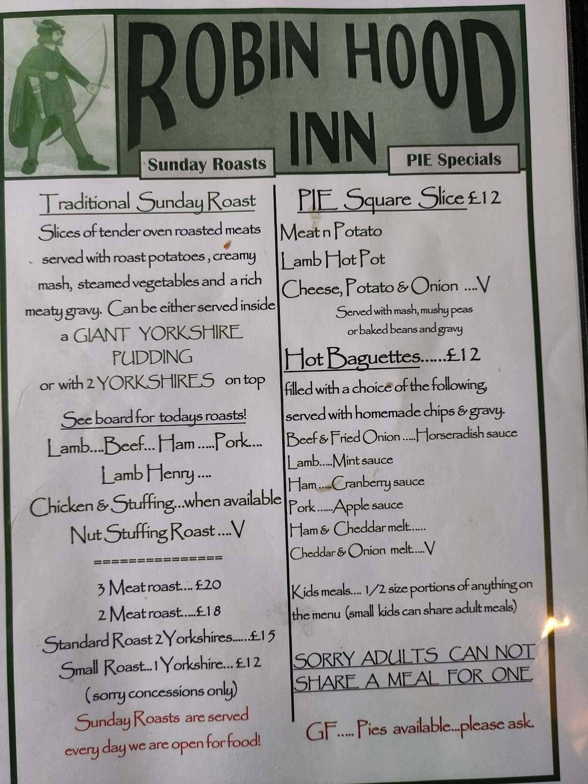 Menu at Robin Hood Inn pub & bar, Hebden Bridge, Cragg Rd