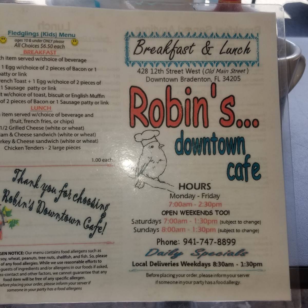 Menu at Robin's Downtown Cafe, Bradenton