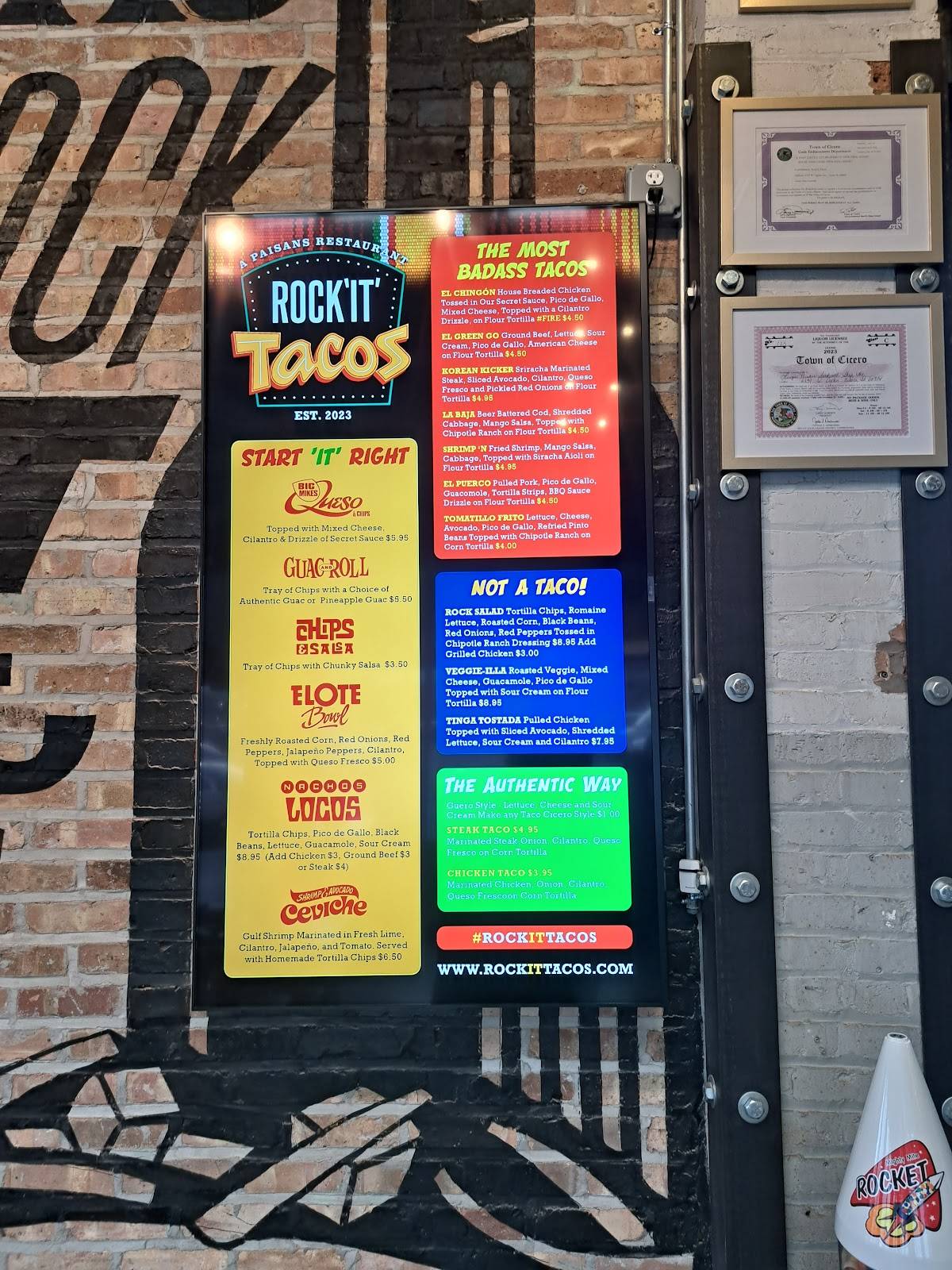 Menu at Rock IT Tacos restaurant, Cicero