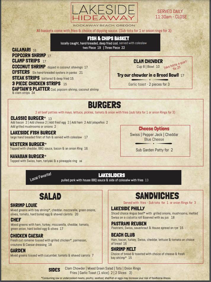 Menu at Lakeside Hideaway restaurant, Rockaway Beach