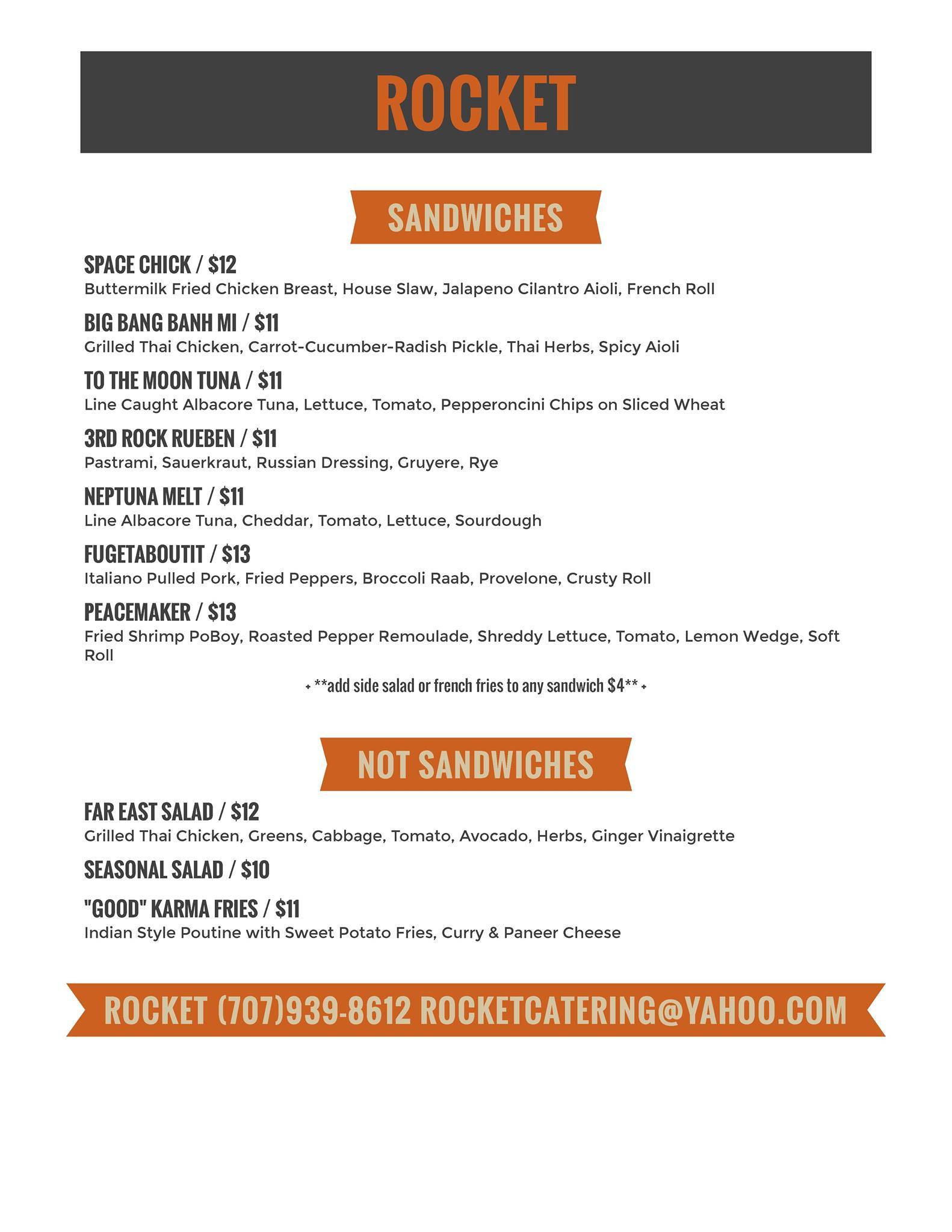 Menu at Rocket restaurant, Sonoma