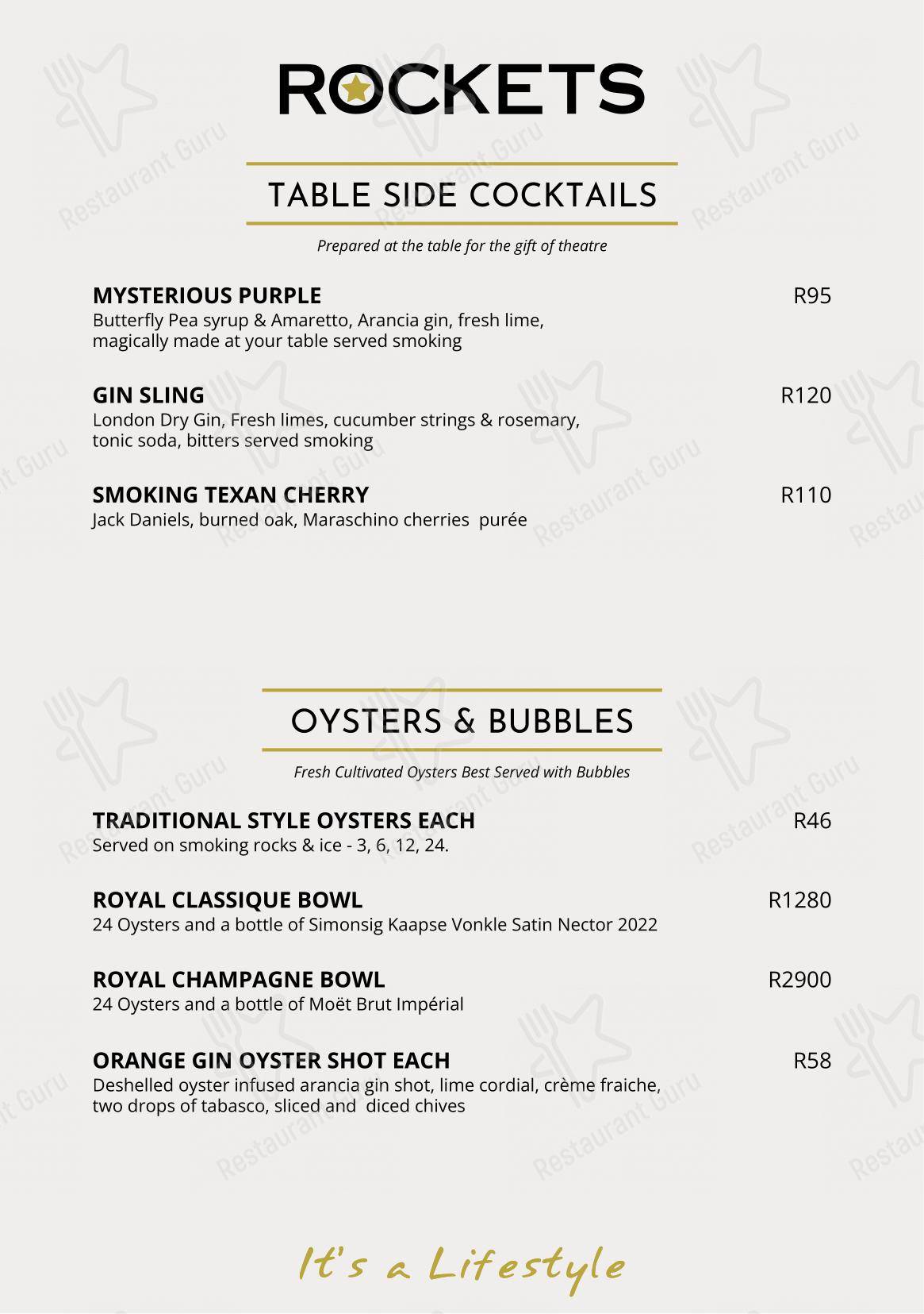 Menu at Rockets Restaurant Umhlanga, Umhlanga