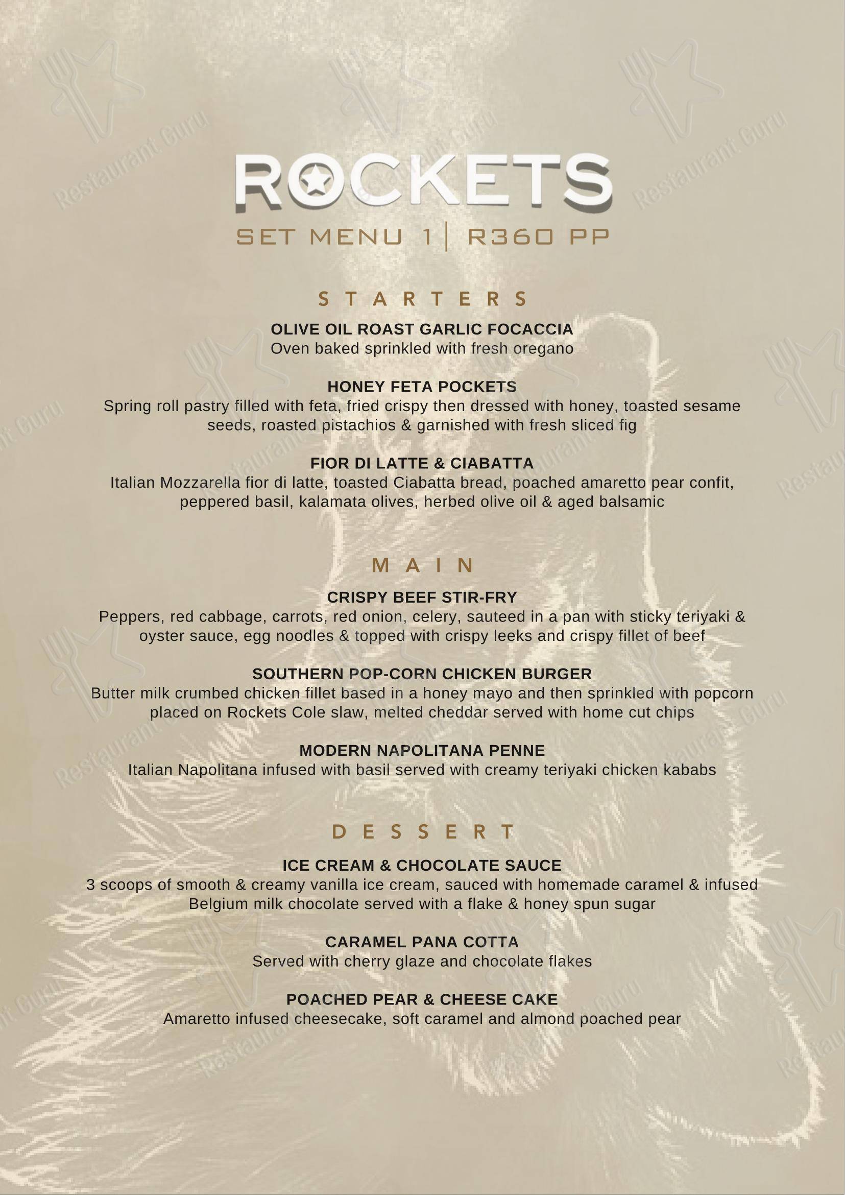 Menu at Rockets Restaurant Umhlanga, Umhlanga