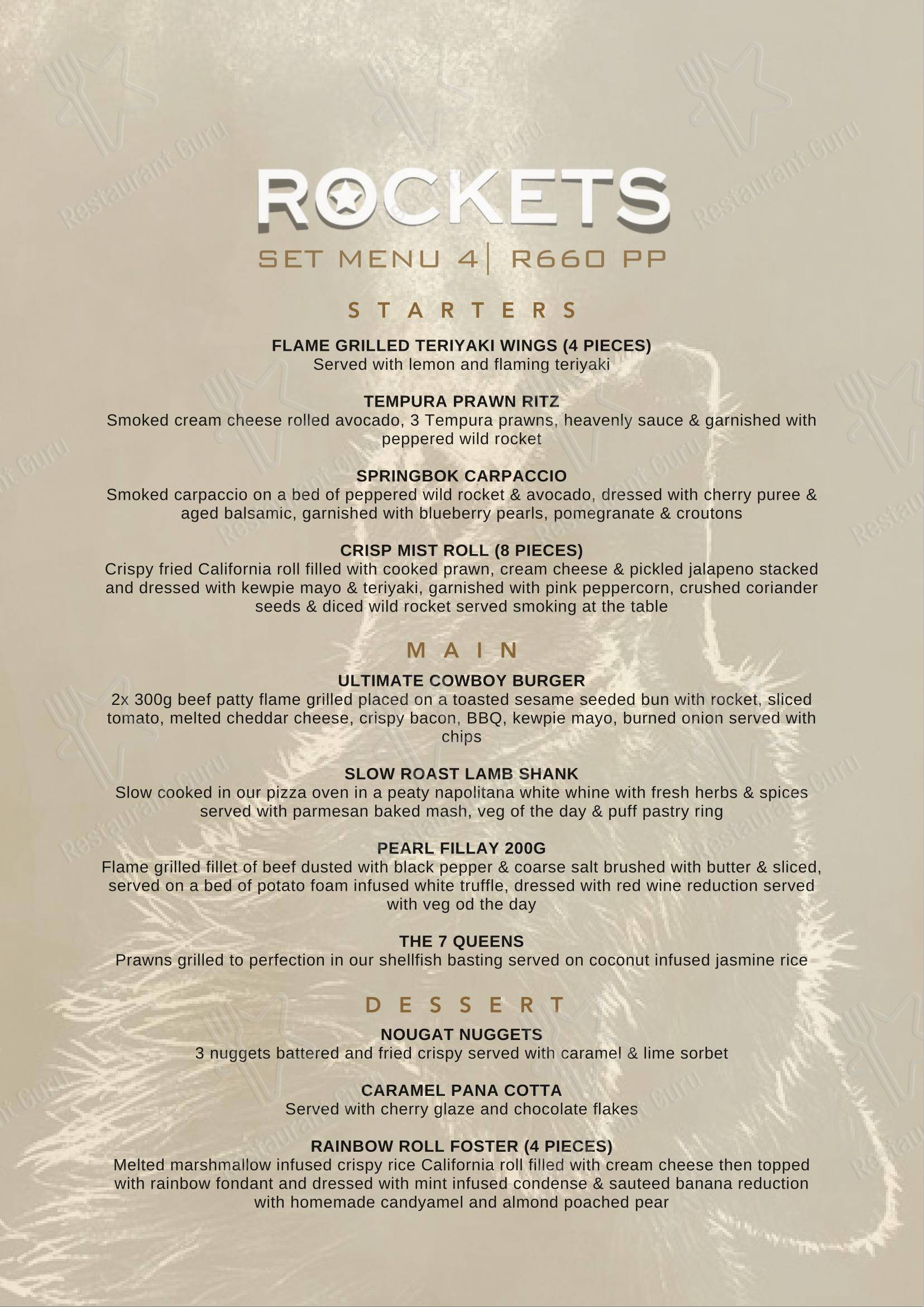 Menu at Rockets Restaurant Umhlanga, Umhlanga