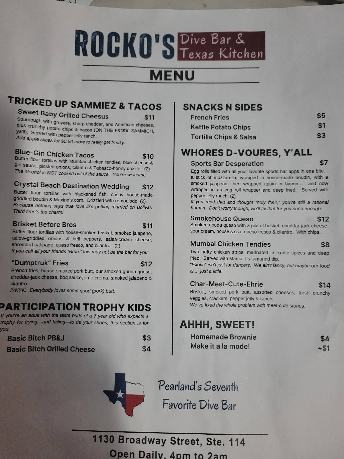 Menu at Rocko's Dive Bar & Texas Kitchen, Pearland