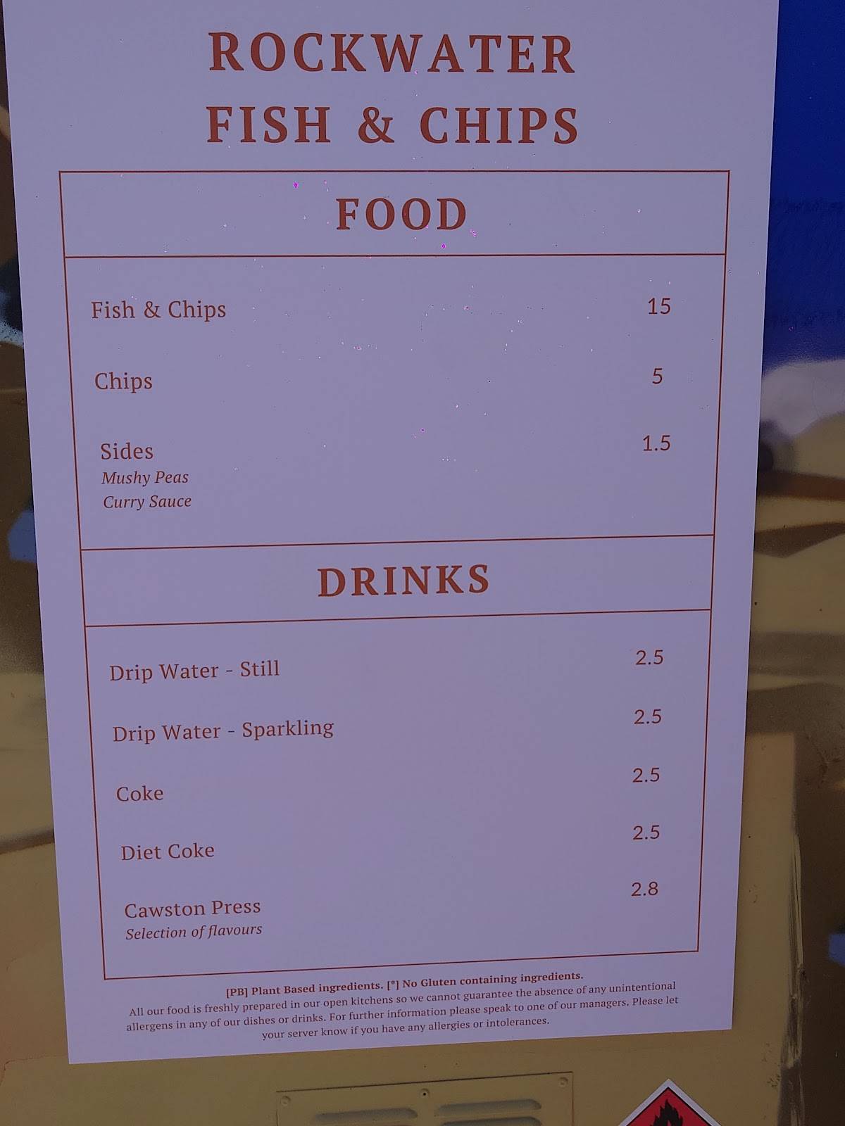 Menu at Rockwater Sandbanks pub & bar, Poole