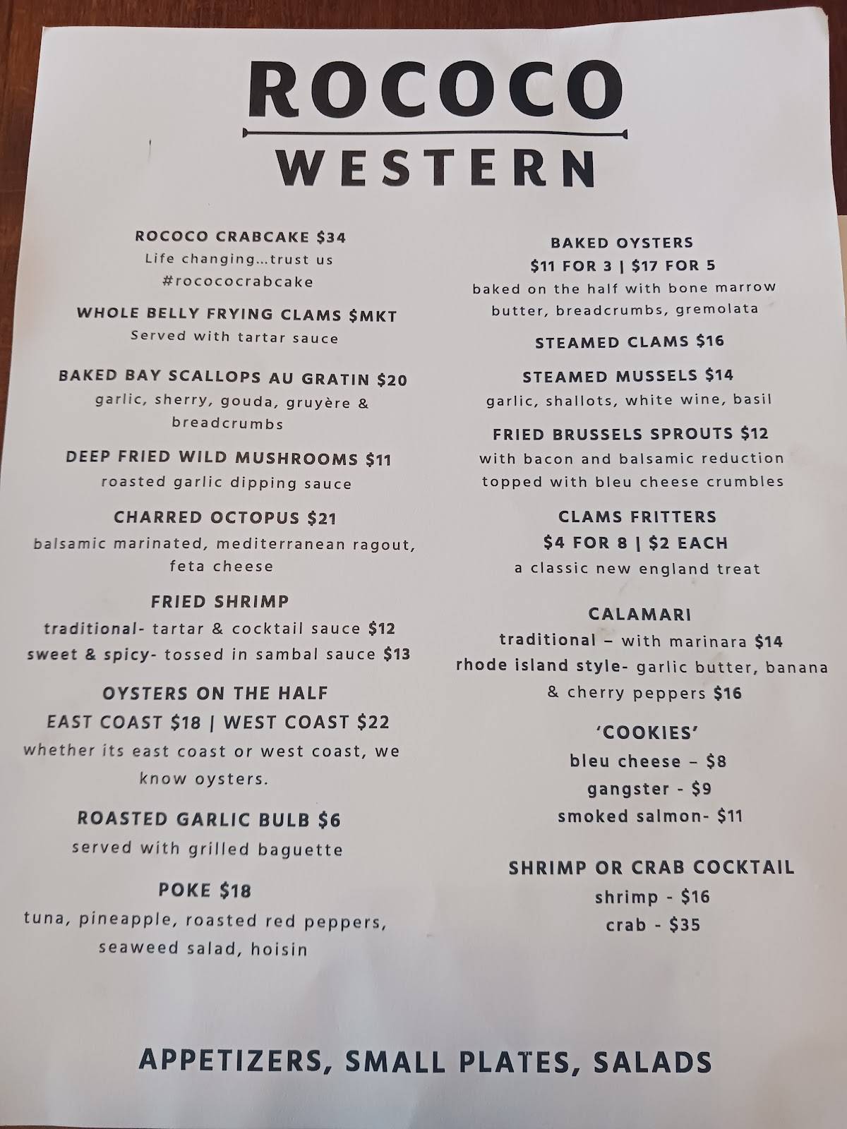Menu at Rococo on Western restaurant, Oklahoma City, N Western Ave