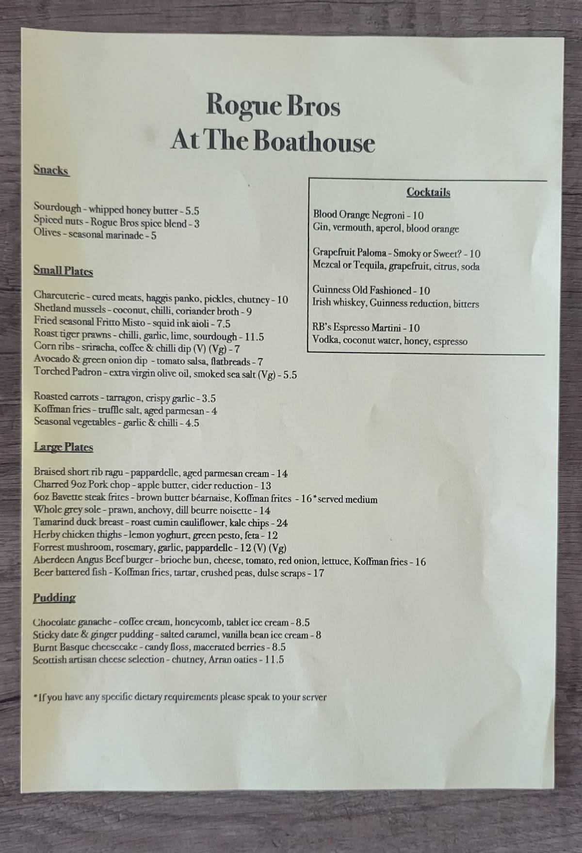 Menu at Rogue Bros The Boat House restaurant, Queensferry, 22 High St