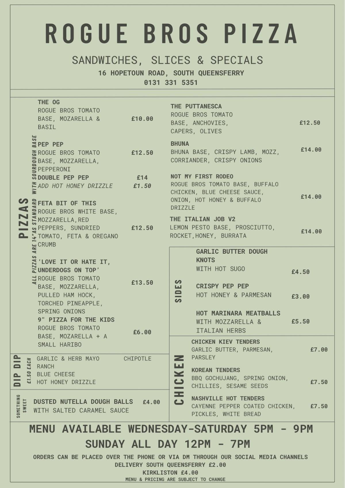 Menu at Rogue Bros pizzeria, Queensferry