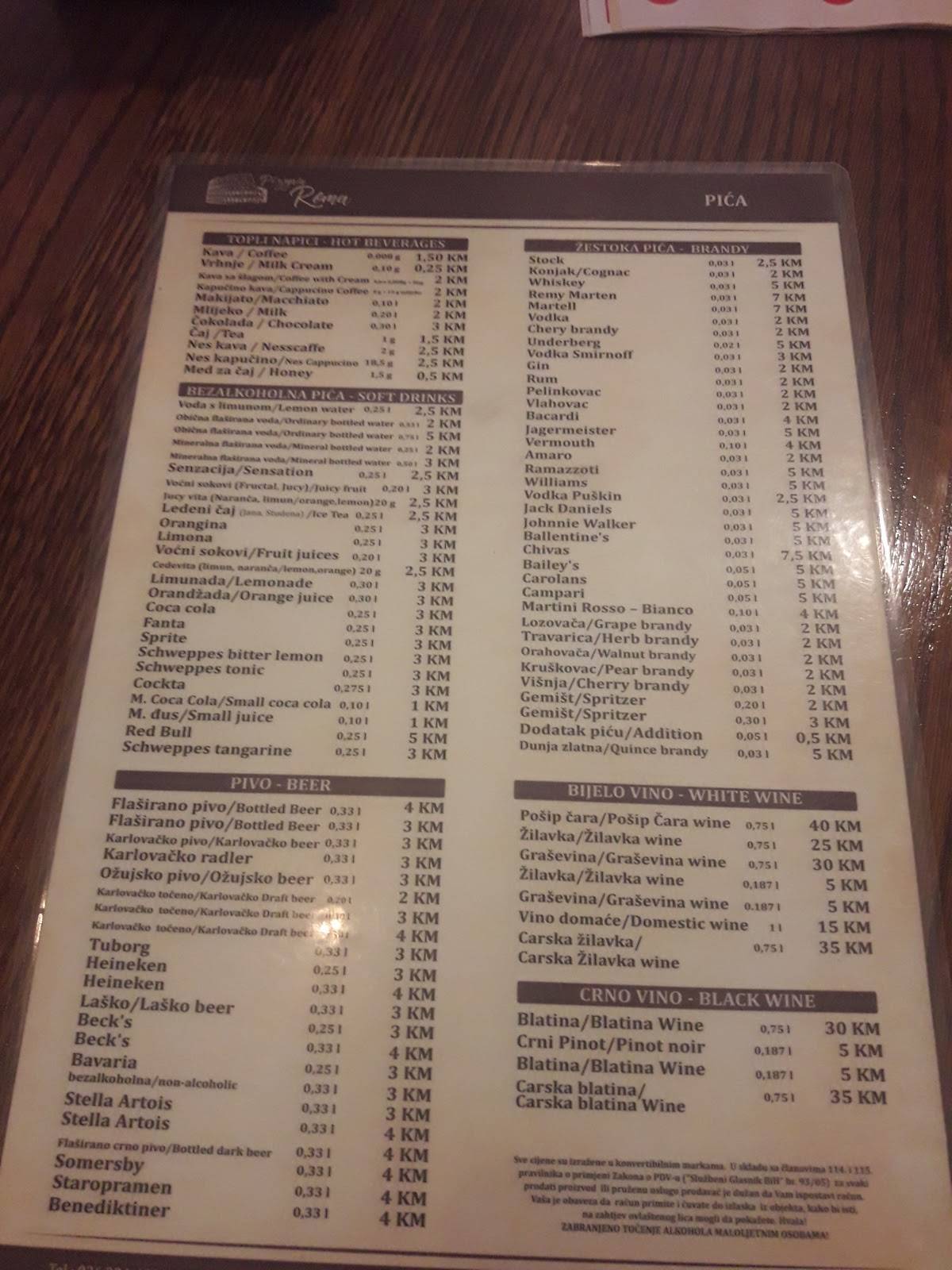 Menu at Roma restaurant, Mostar