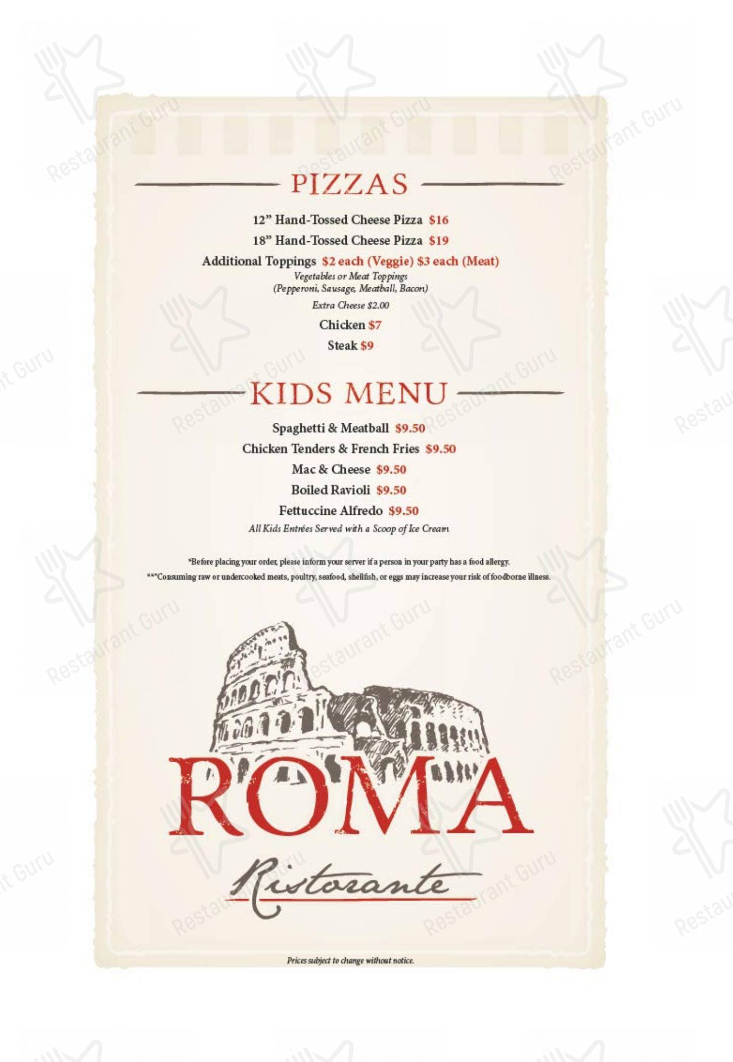 Menu at Roma Restaurant, Haverhill