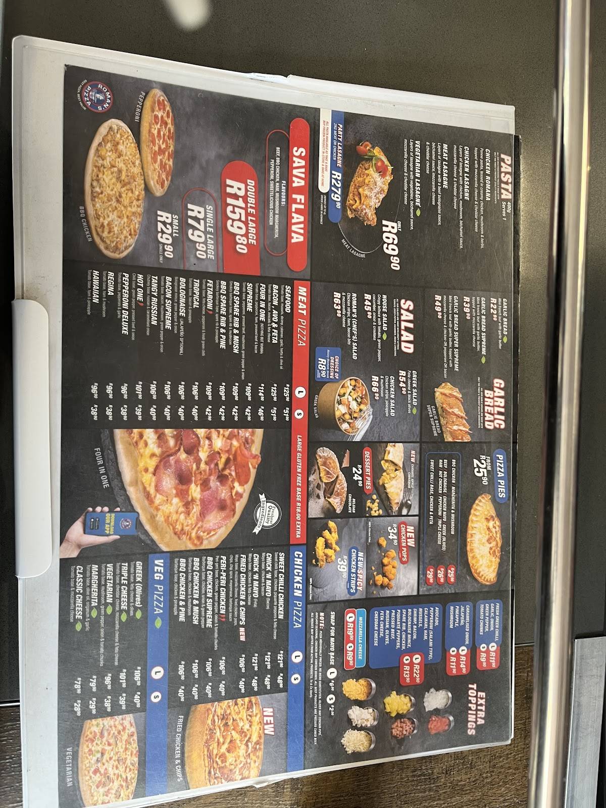Menu at Roman's Pizza Observatory restaurant, Cape Town