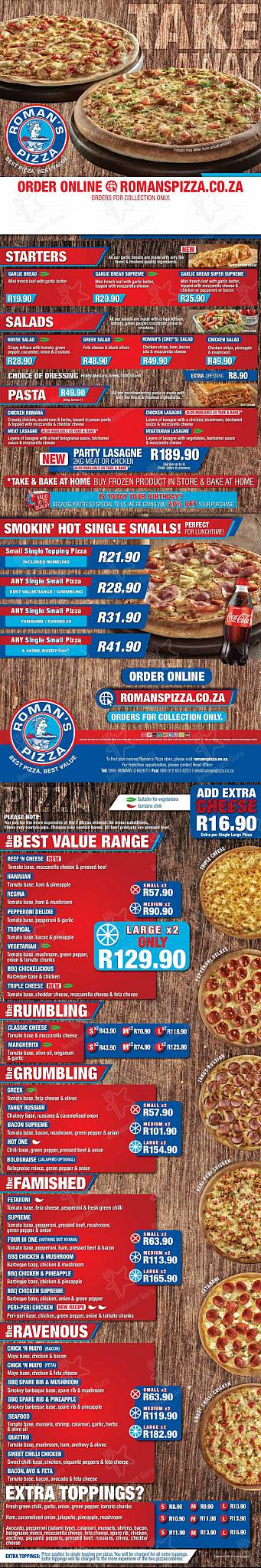 Speisekarte von Roman's Pizza Fourways, Randburg, Shop 1