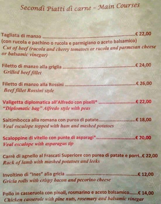 Menu da Ristorante Il Vero Alfredo, Roma, Piazza Augusto Imperatore