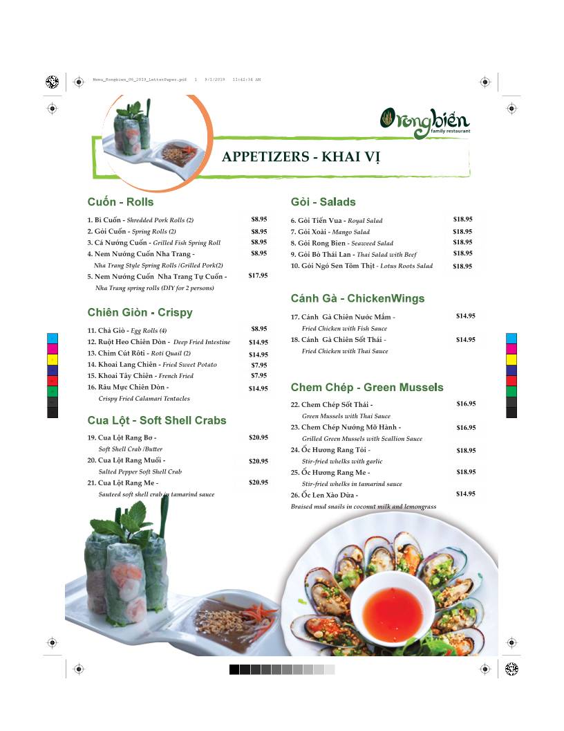 Menu at Rong Biển Restaurant, San Jose