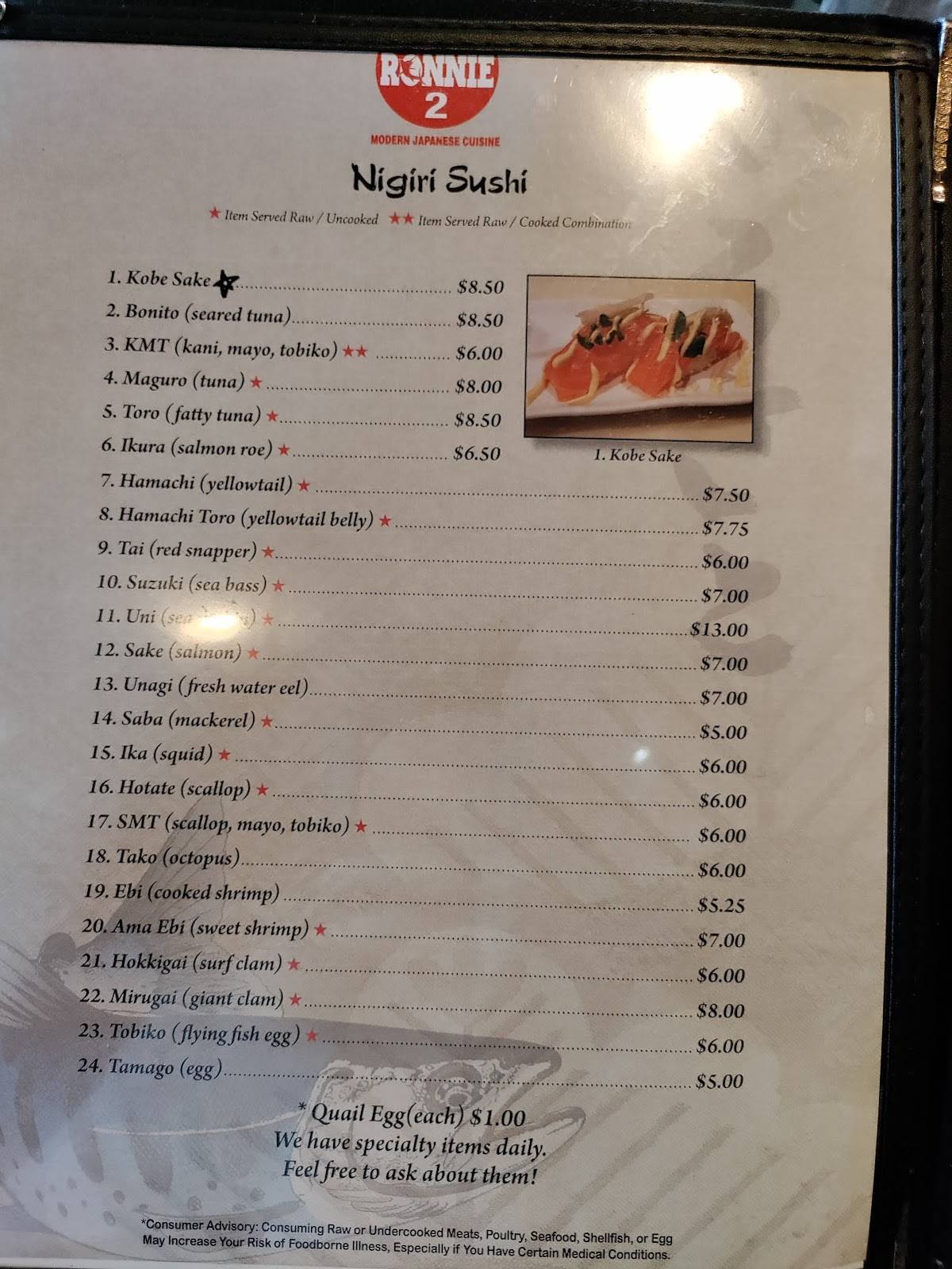 Menu at Ronnie 2 Sushi restaurant, Anchorage, 924 Muldoon Rd