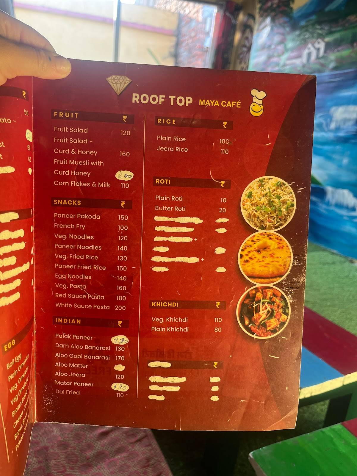 Menu at Rooftop Maya Cafe, Varanasi