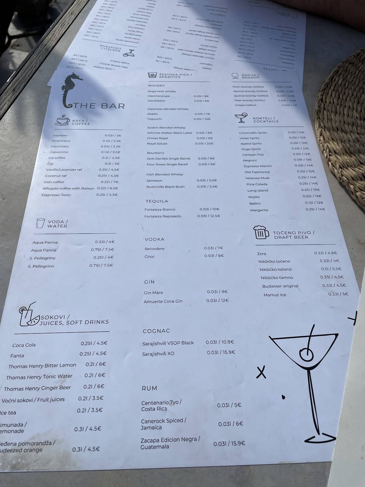 Menu at Rooftop Terrace Hippocampus restaurant, Kotor