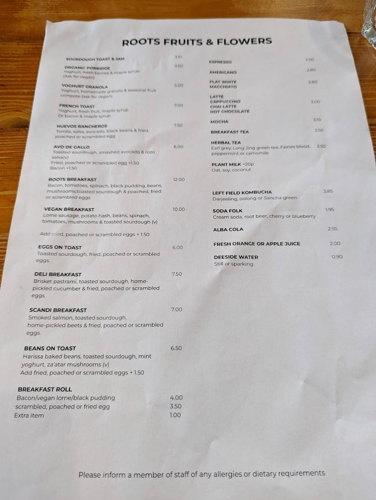 Menu at Roots Fruits & Flowers Cafe, Glasgow, Otago St