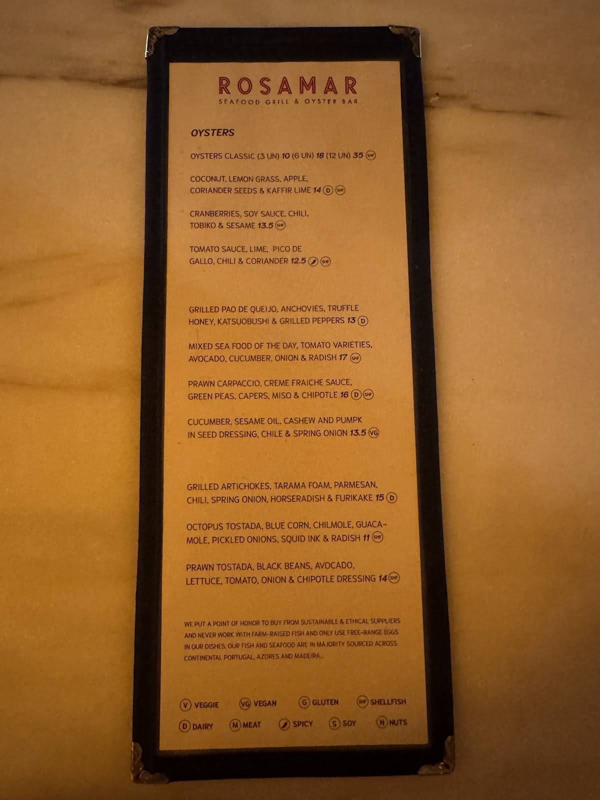 Menu at Rosamar restaurant, Lisbon