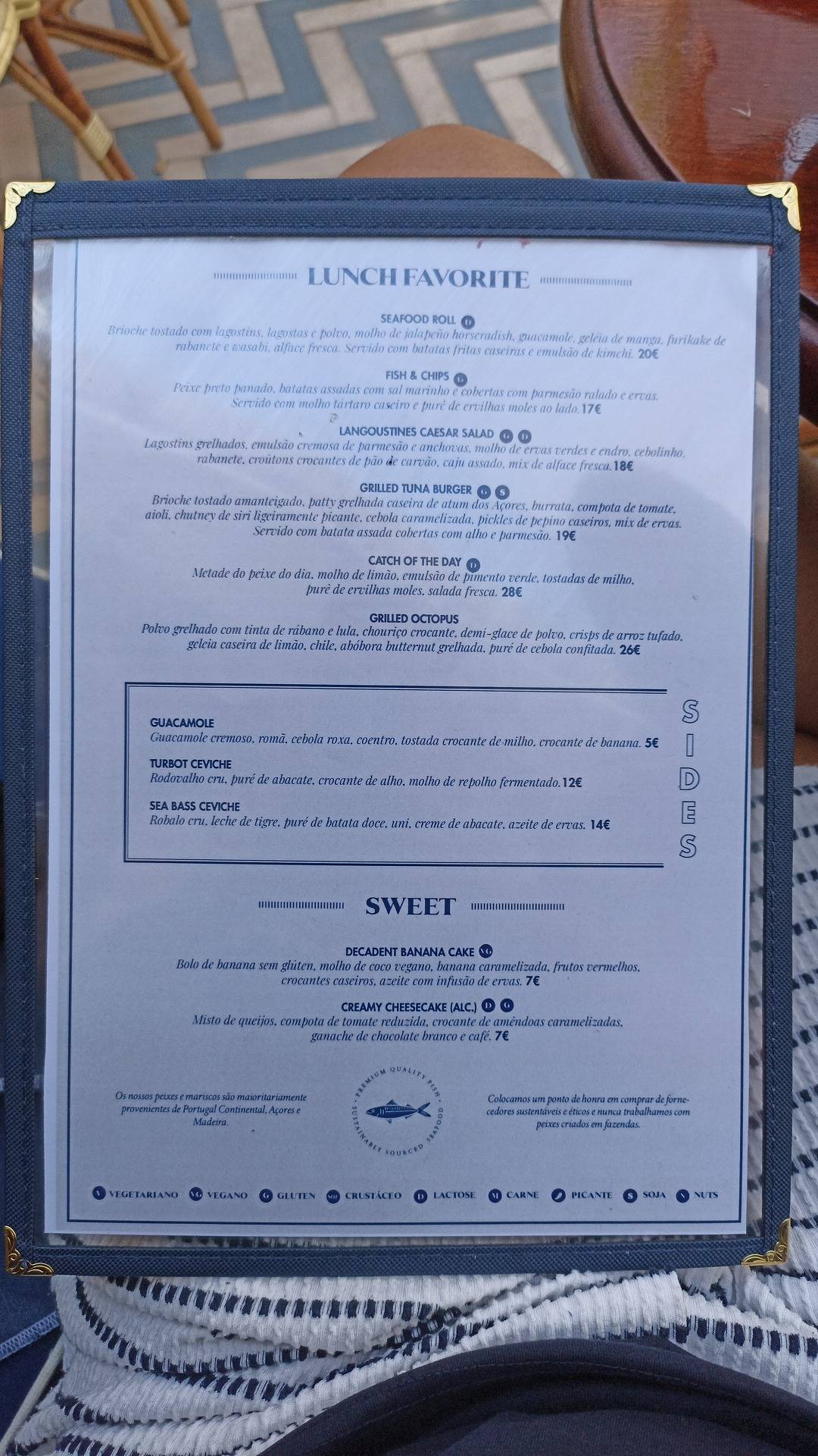Menu at Rosamar restaurant, Lisbon