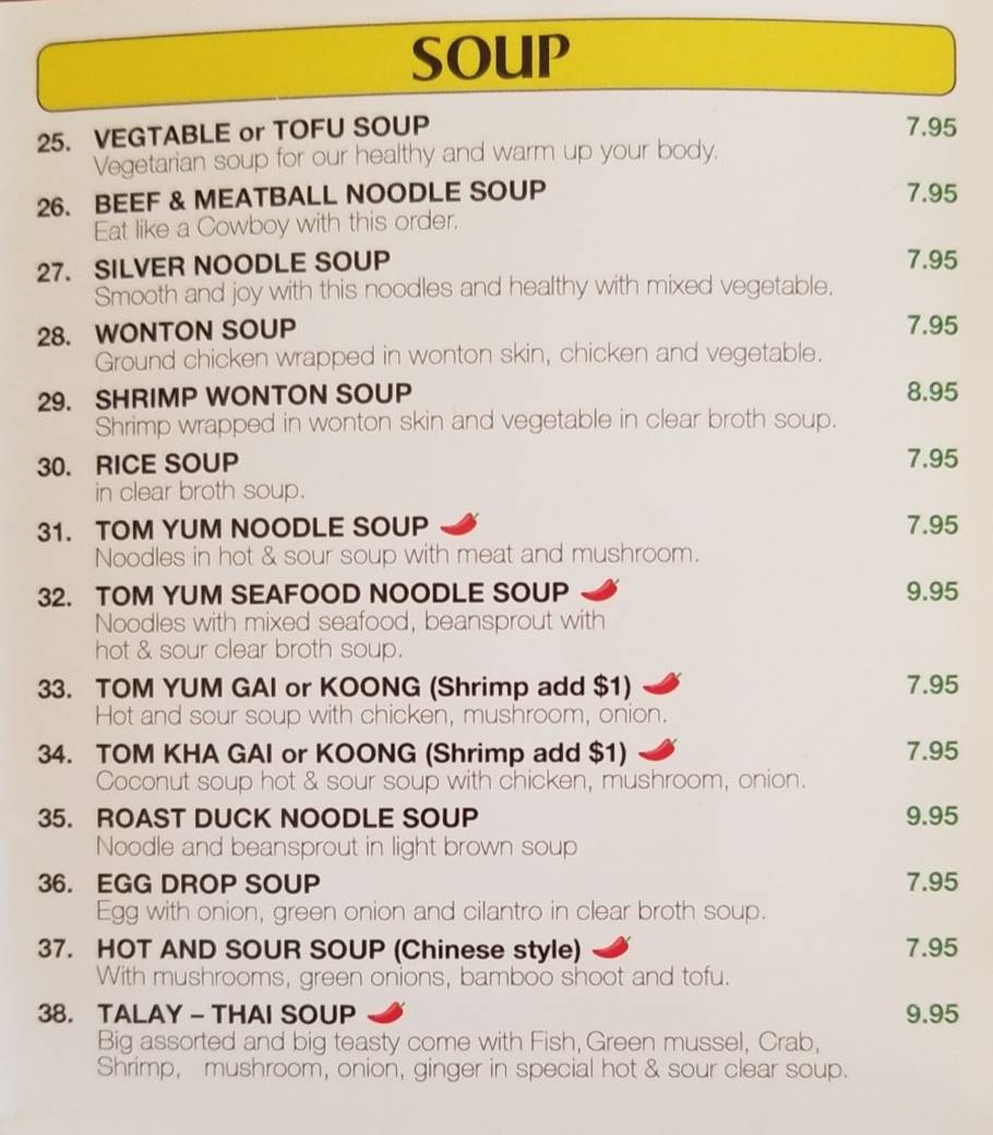 Menu at Thai Garden restaurant, Rosamond, Sierra Hwy