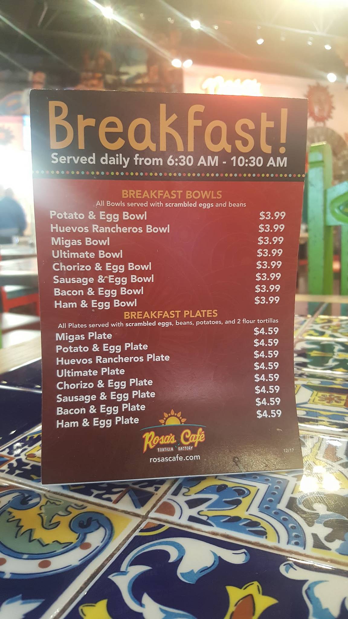 Menu at Rosa's Café & Tortilla Factory restaurant, Rockwall