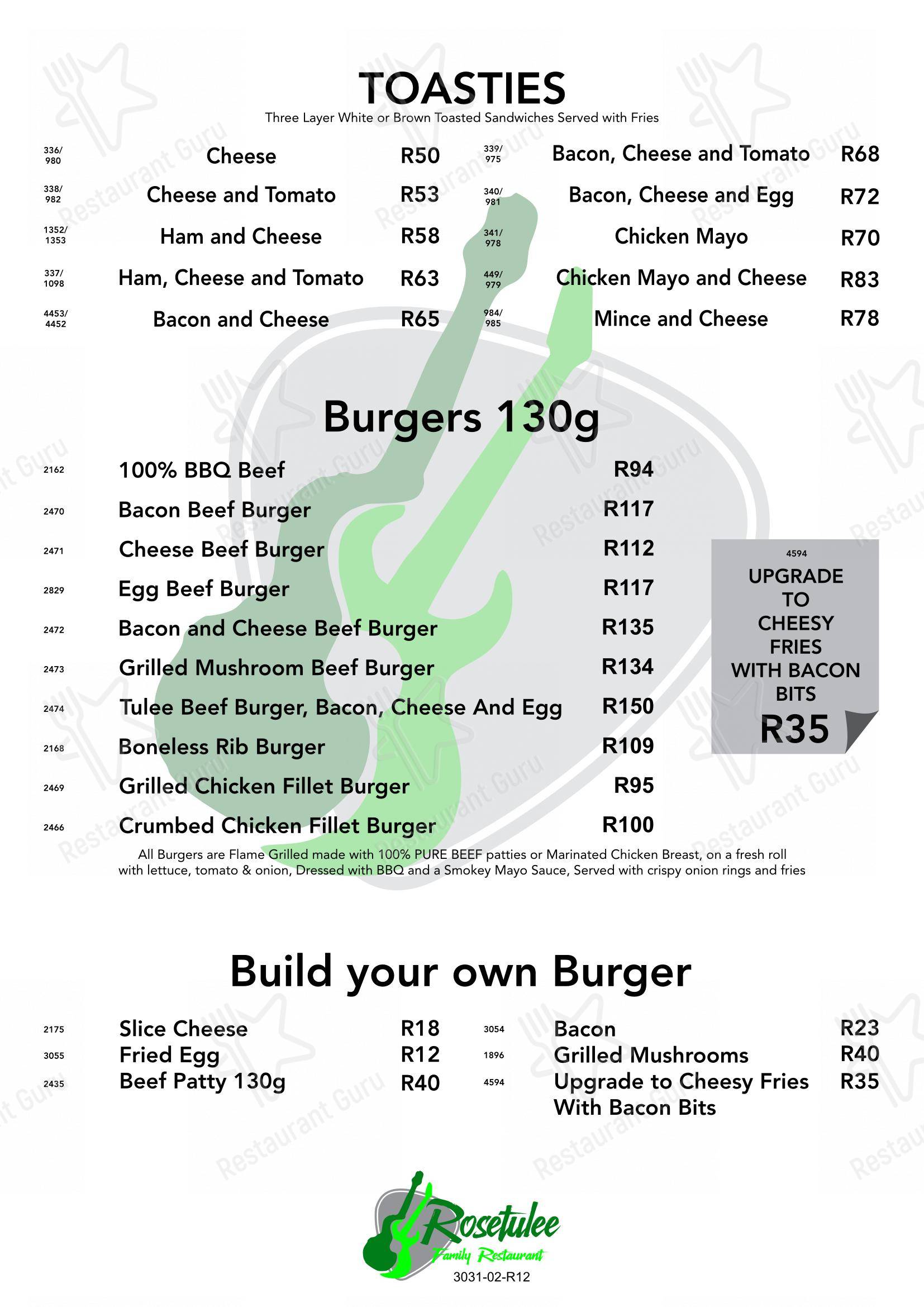 Menu at Rose Tulee pub & bar, Brakpan