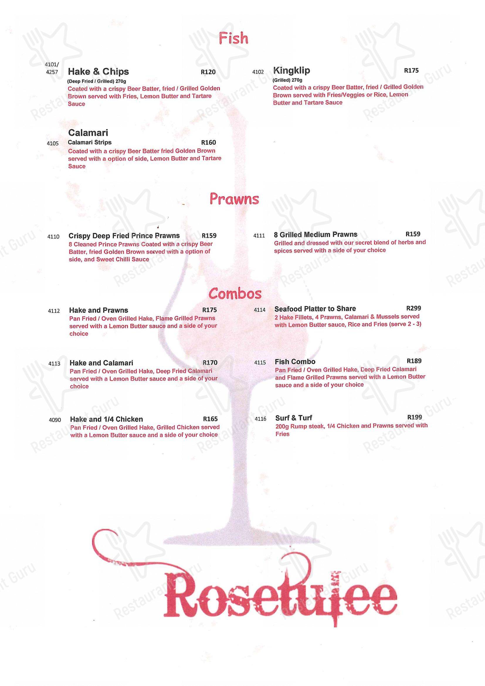 Menu at Rose Tulee pub & bar, Brakpan