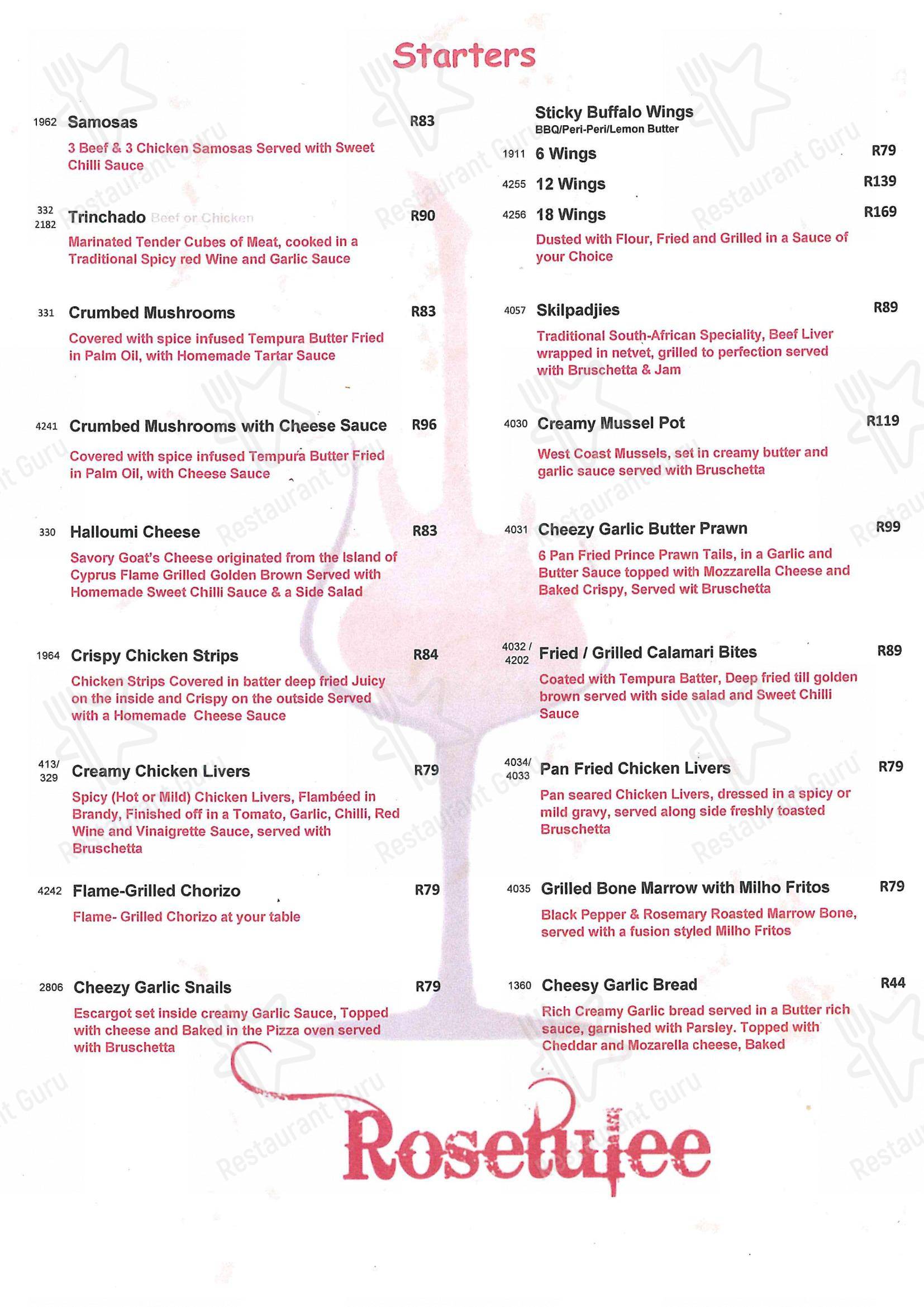 Menu at Rose Tulee pub & bar, Brakpan