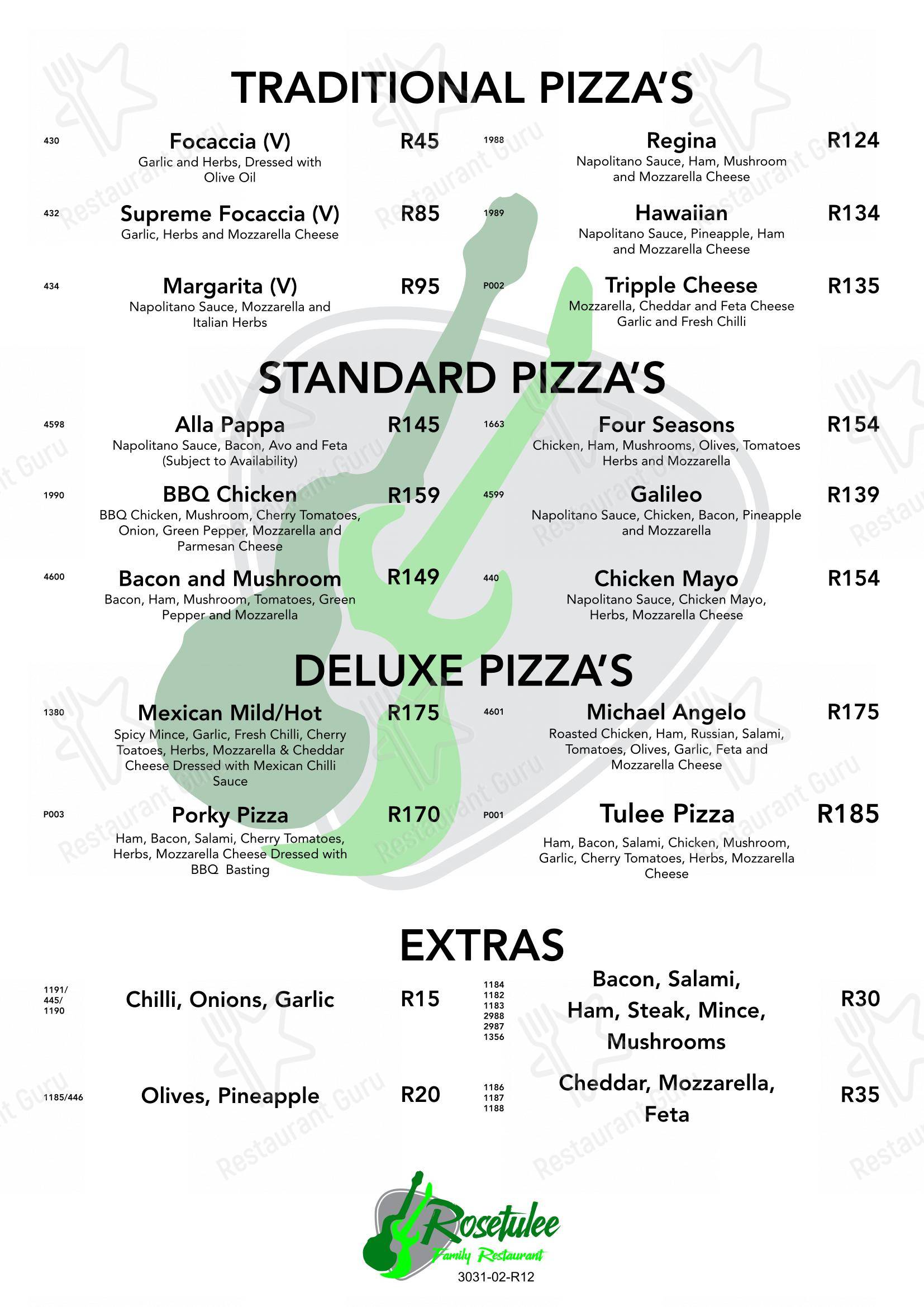 Menu at Rose Tulee pub & bar, Brakpan