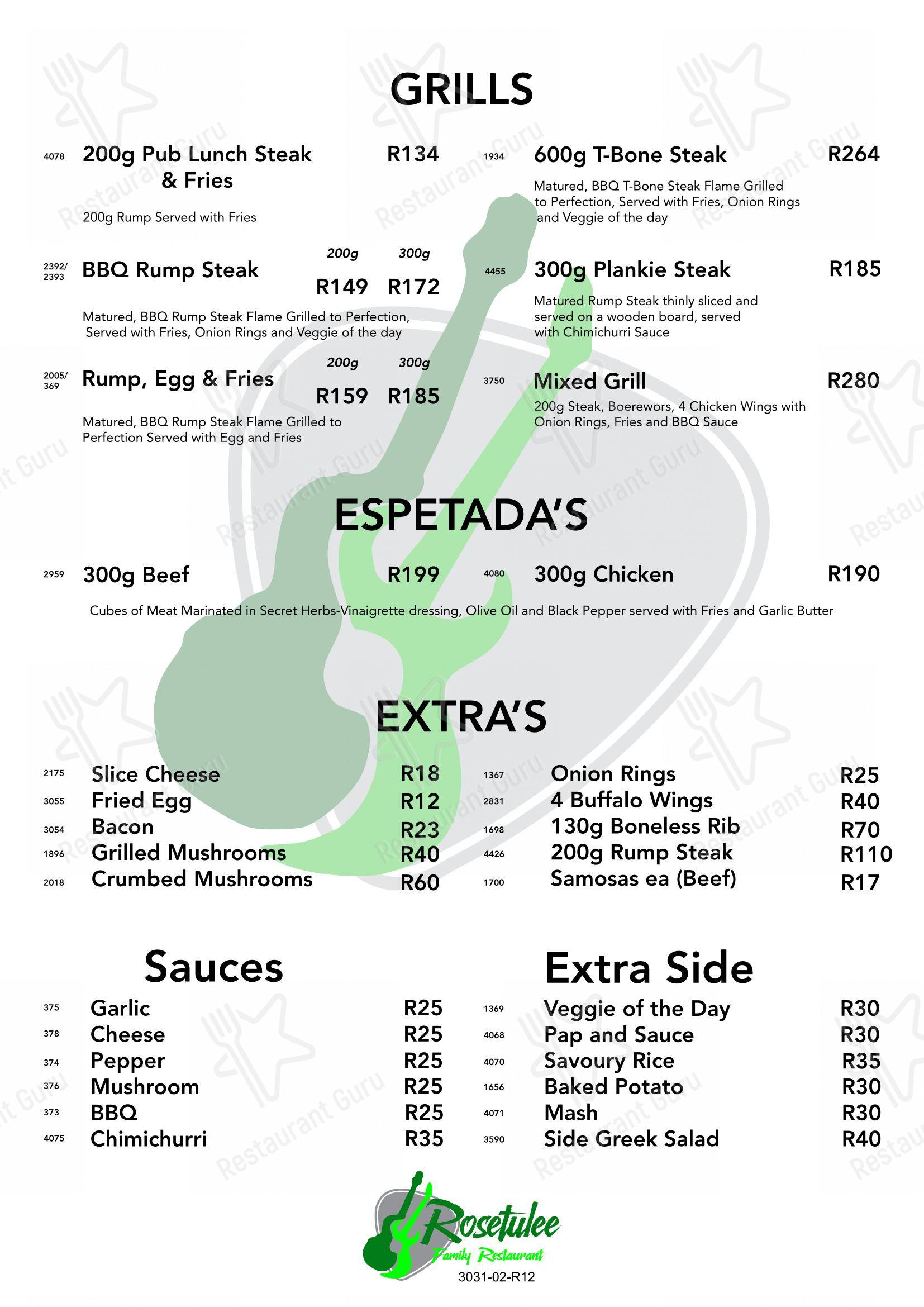 Menu at Rose Tulee pub & bar, Brakpan