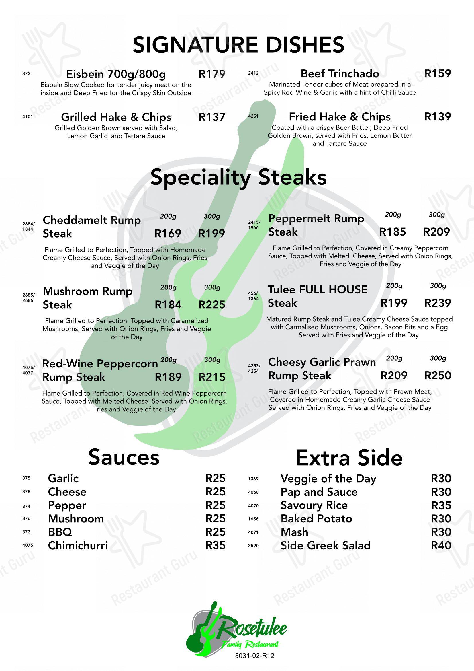 Menu at Rose Tulee pub & bar, Brakpan